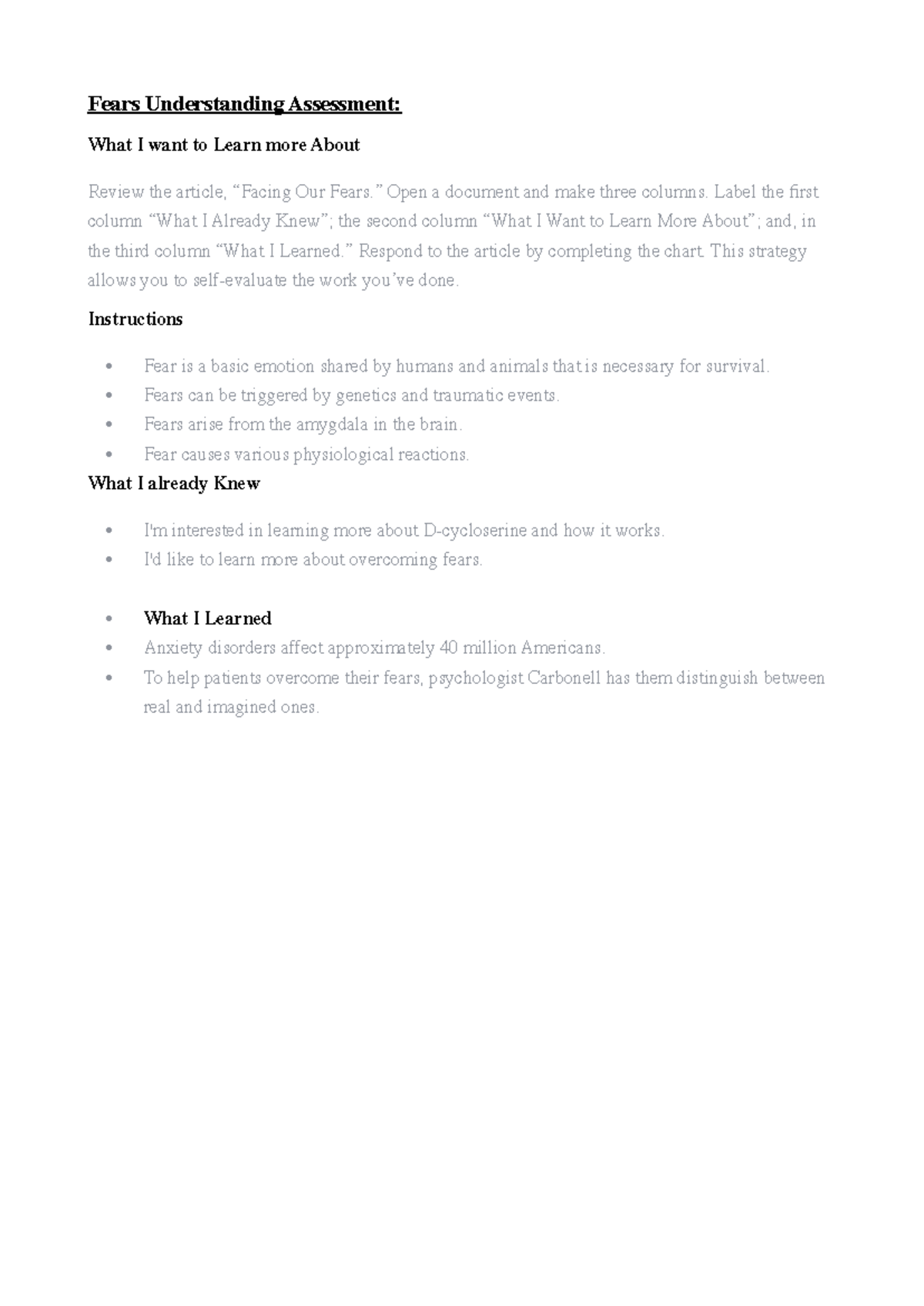 Fear - Essay! - Fears Understanding Assessment: What I want to Learn ...