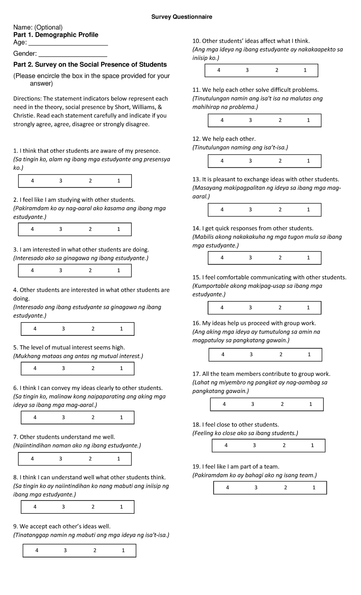 Final-Survey - Survey Questionnaire Name: (Optional) Part 1 ...