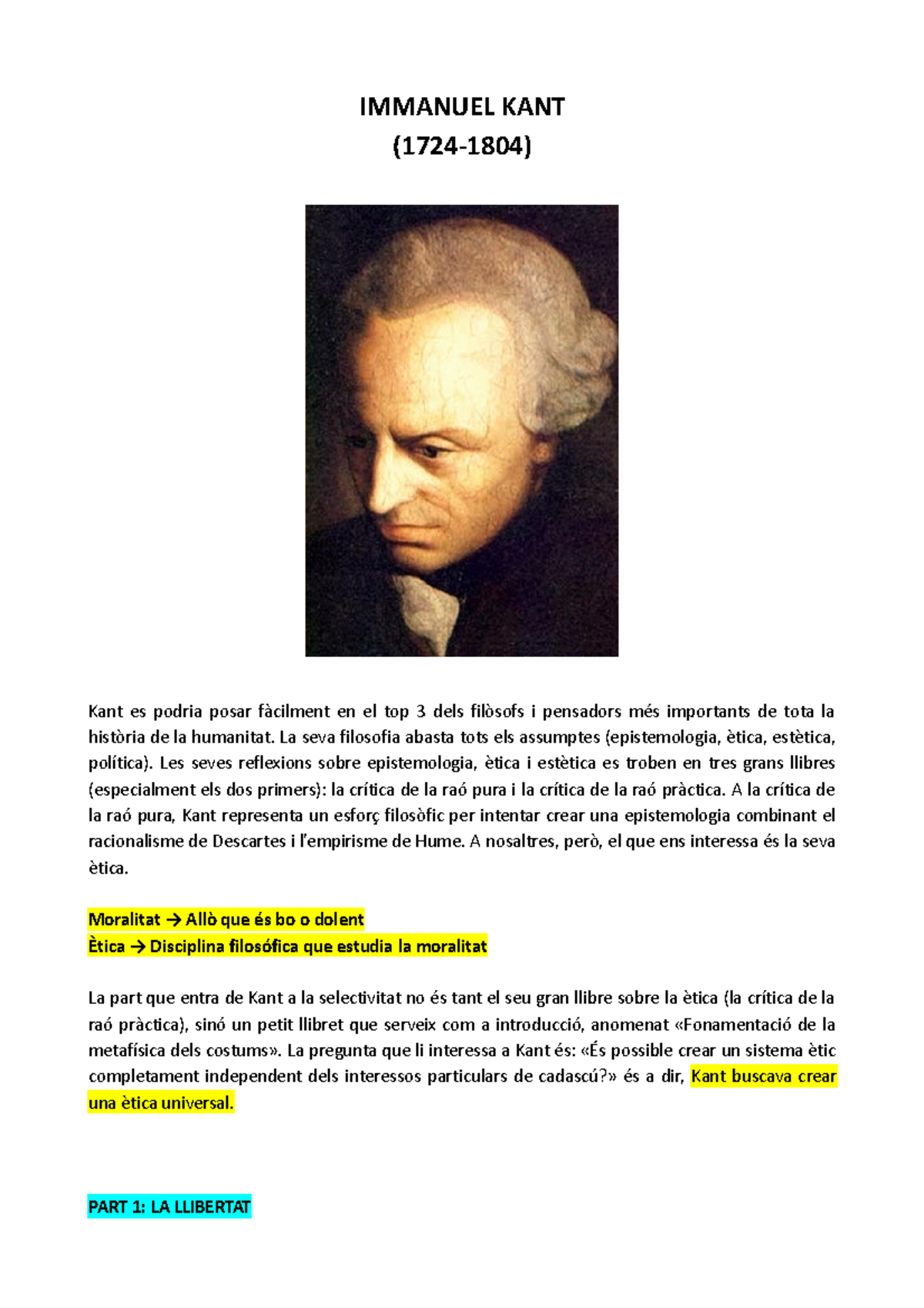 KANT - Apunts batxillerat Kant - IMMANUEL KANT (1724-1804) Kant es podria posar fàcilment en el ...