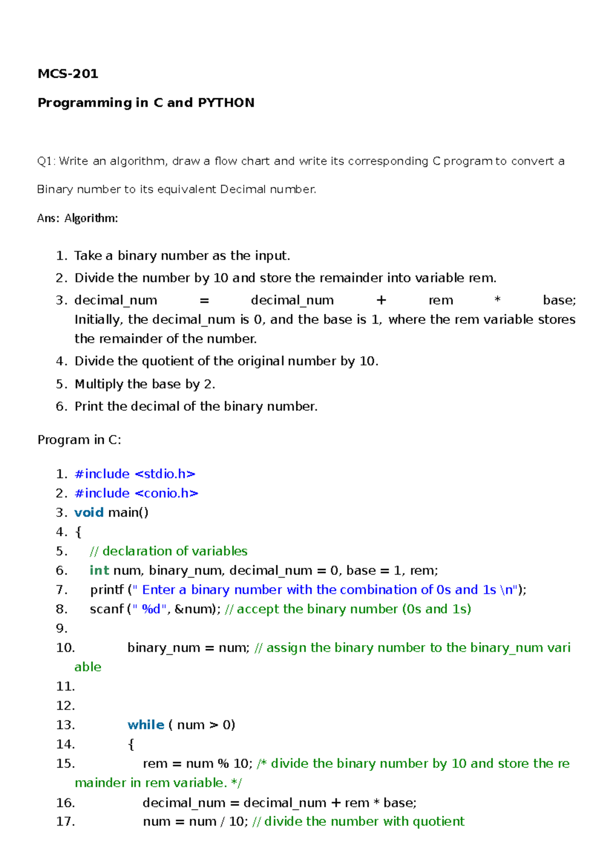Bridge Courses Of Master Of Computer Applications Mcs Programming In C And Python Q1 Write