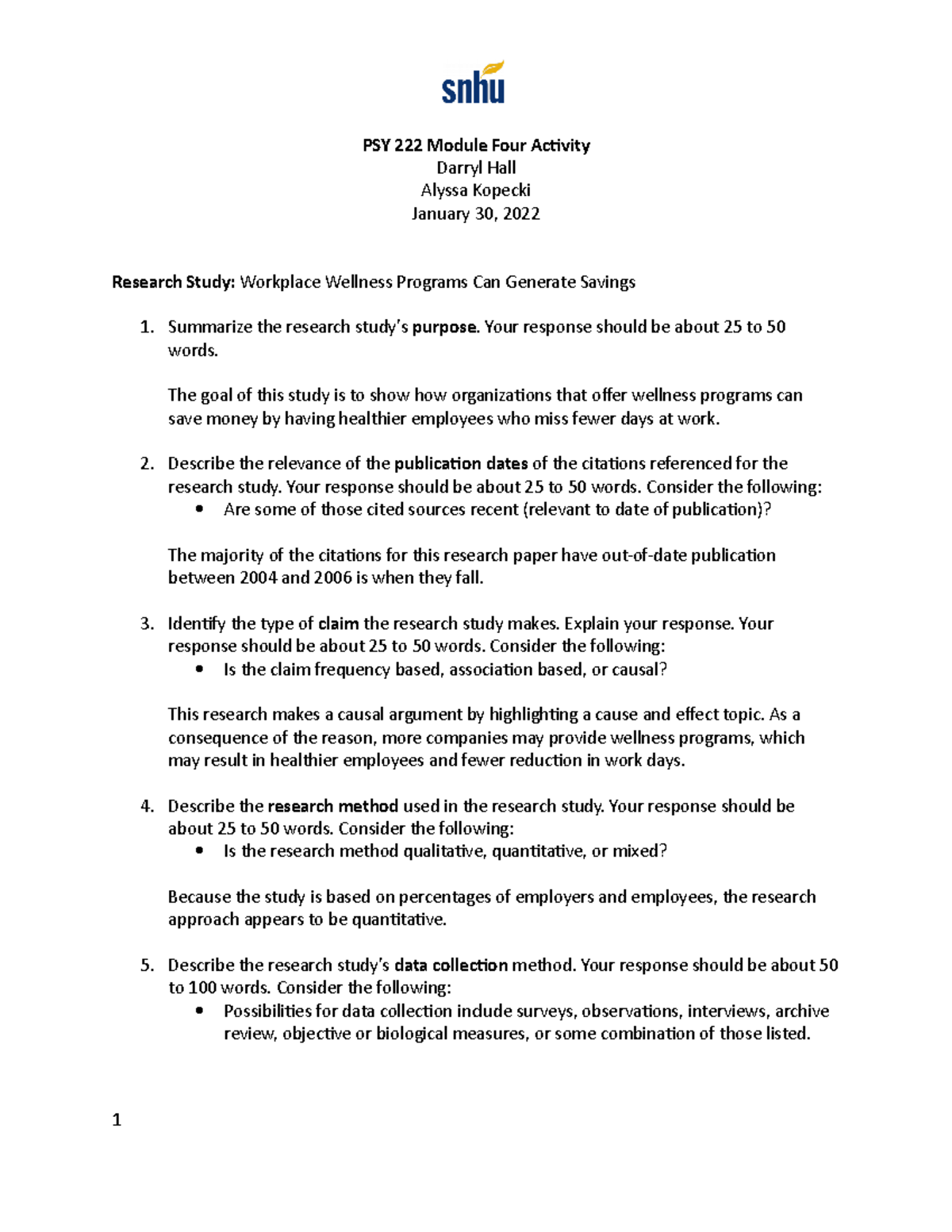 PSY222 Module Four Activity - PSY 222 Module Four Activity Darryl Hall ...