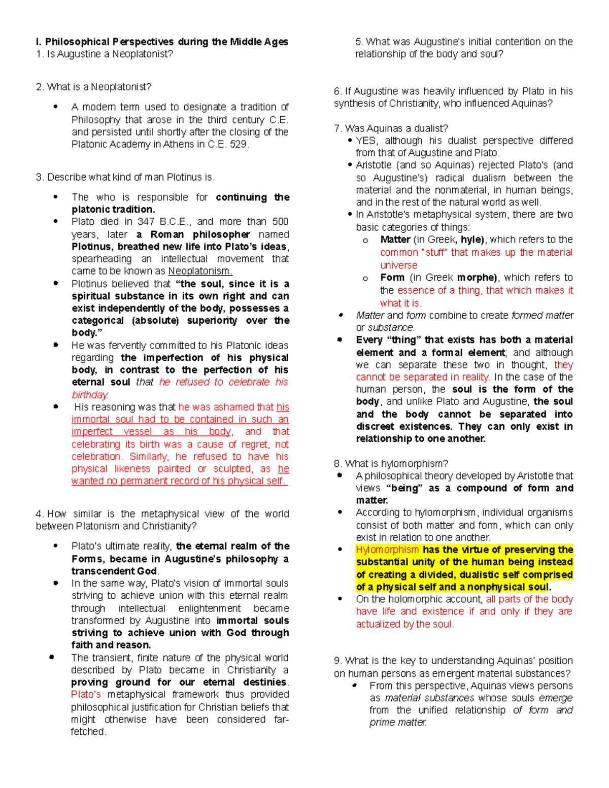 Philosophy - None - I. Philosophical Perspectives during the Middle ...