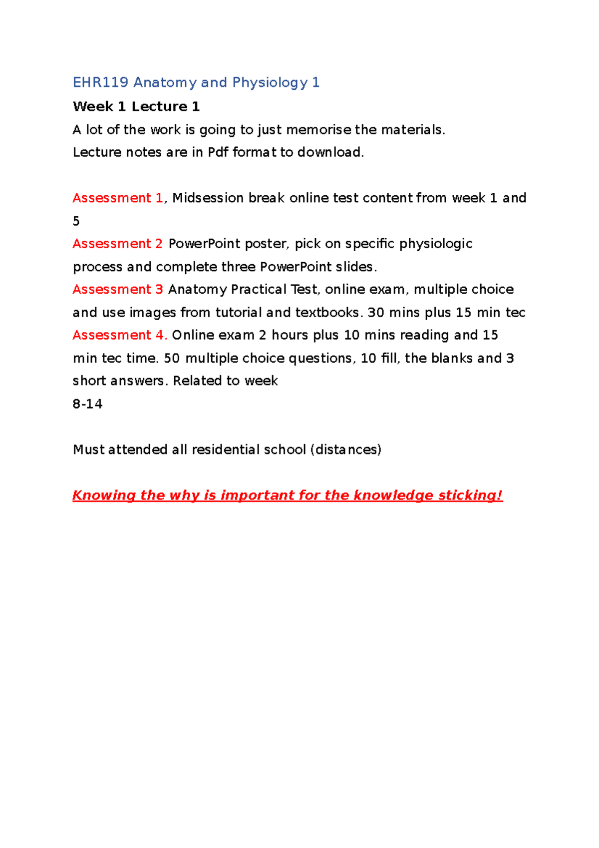 Week 1, lect 1,2,3 - notes - EHR119 Anatomy and Physiology 1 Week 1 ...
