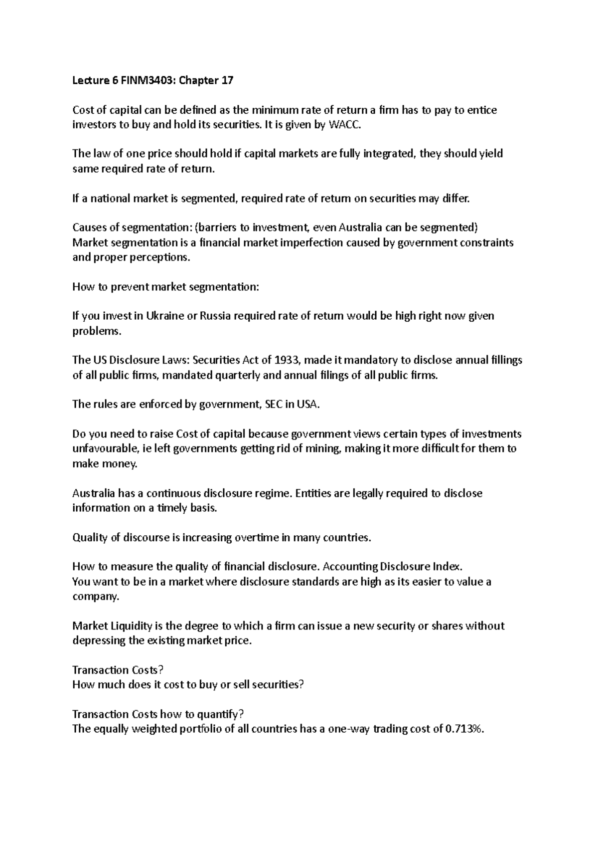 FINM3403 Week 6 - 2030 - Lecture 6 FINM3403: Chapter 17 Cost of capital can be defined as the ...