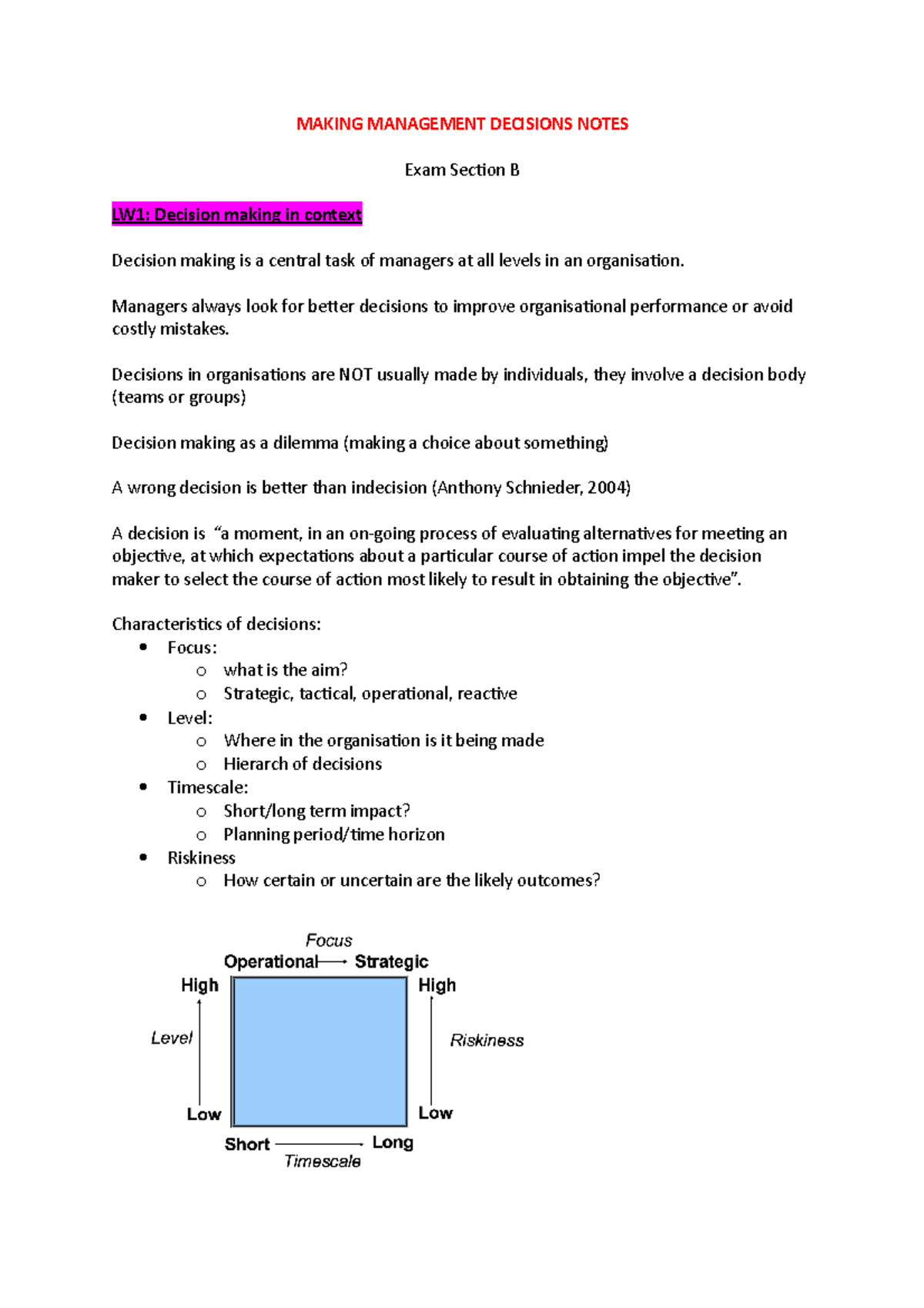 Lecture Notes, Lectures 1-11 - MAKING MANAGEMENT DECISIONS NOTES Exam ...