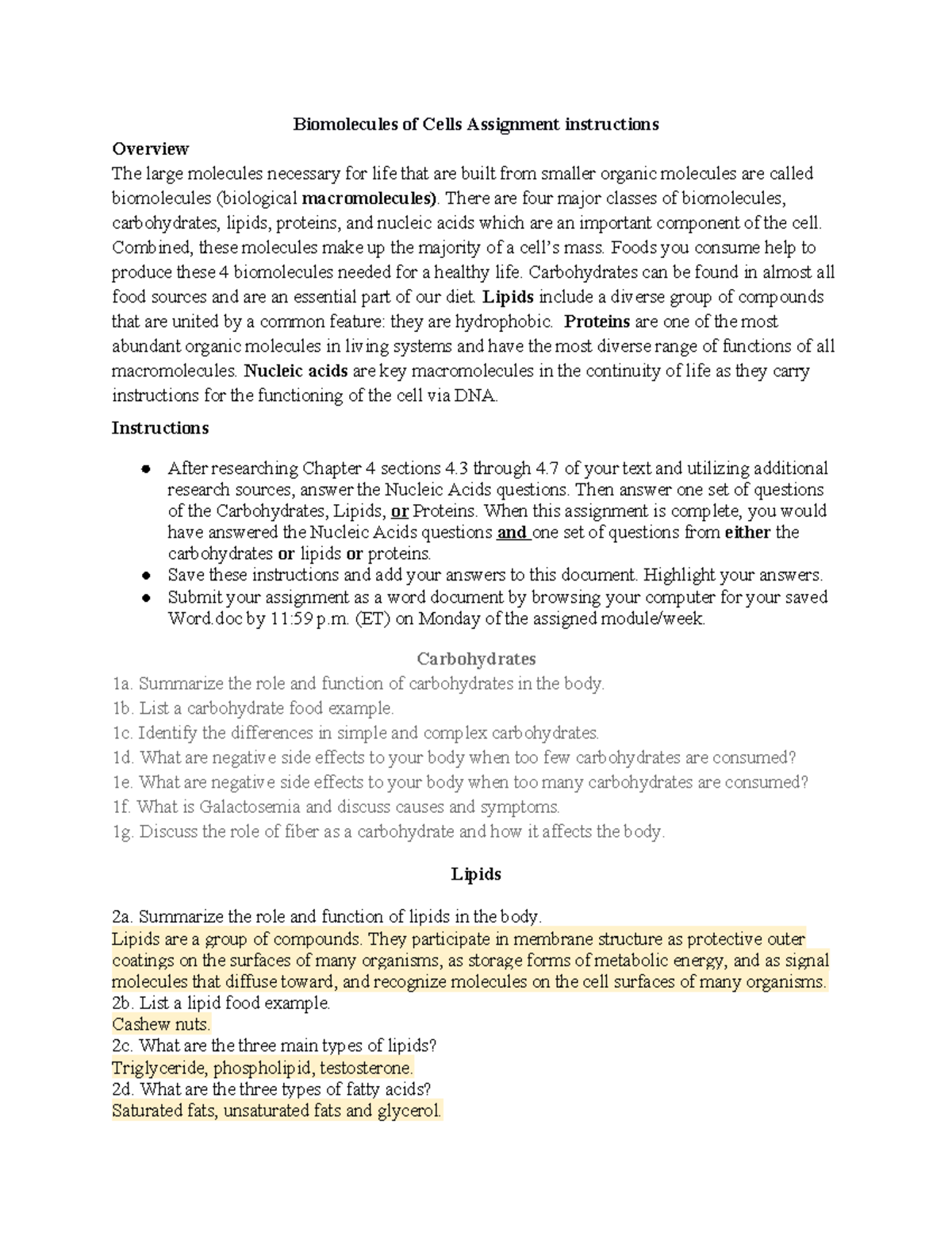 Biomolecules of Cells Assignment instructions - Biomolecules of Cells ...