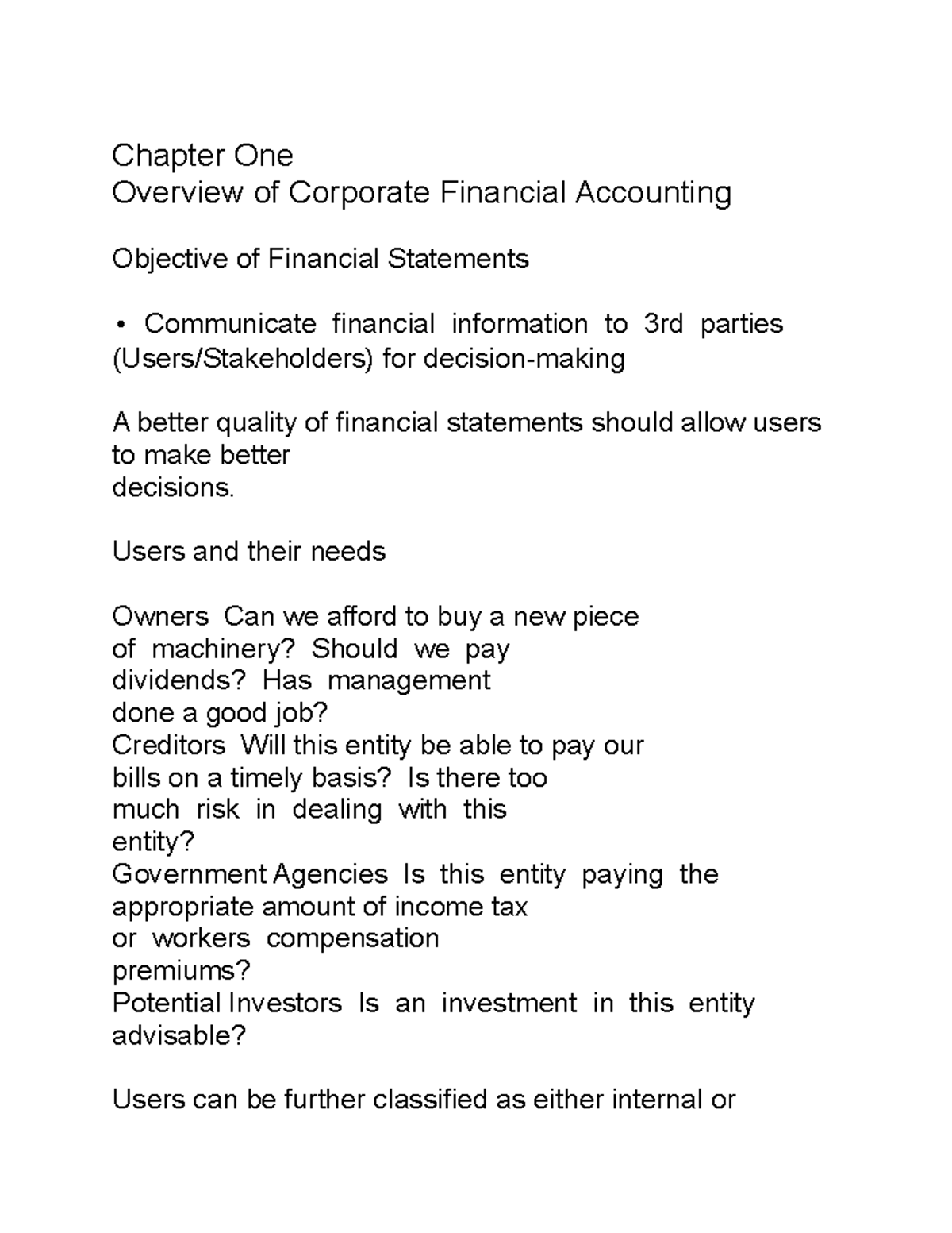 Chapter One Notes - Chapter One Overview of Corporate Financial ...