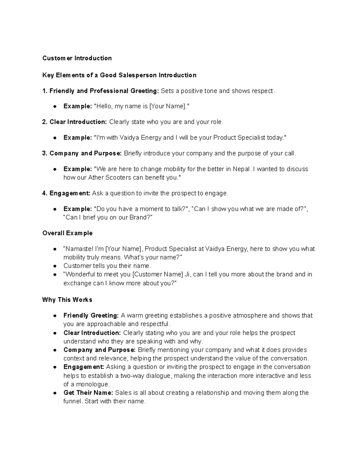 VE PS Training - eked - Customer Introduction Key Elements of a Good ...