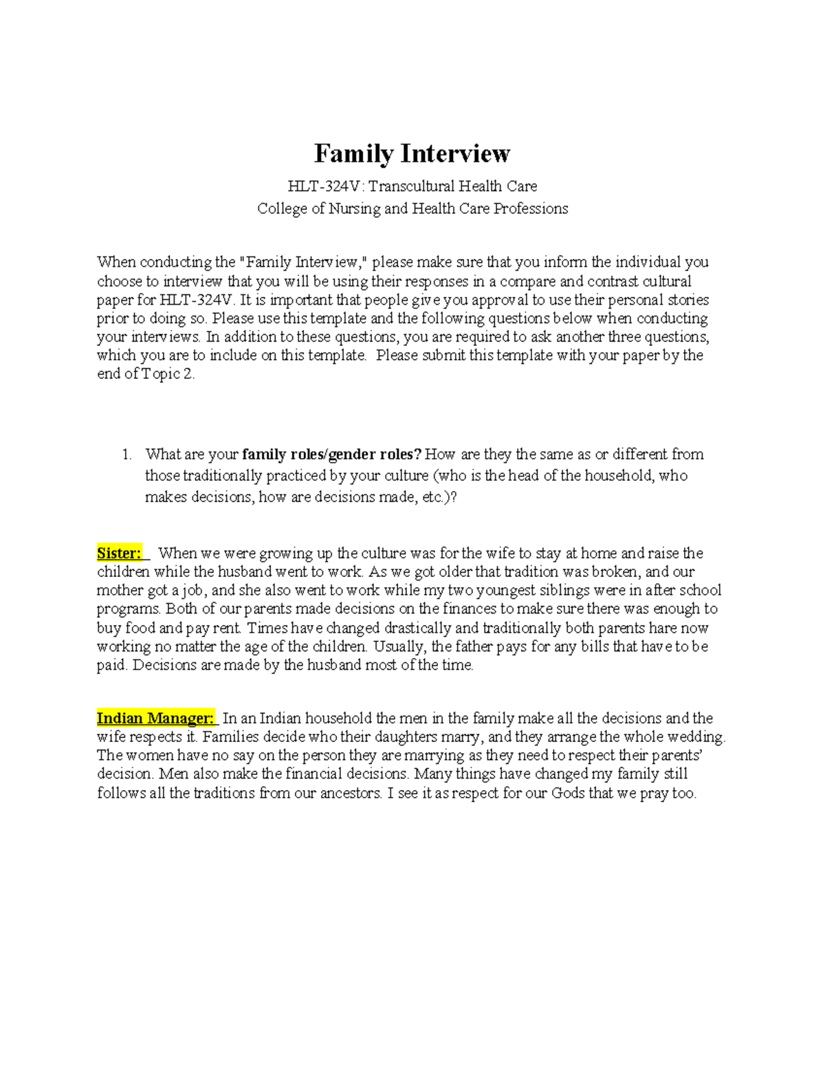 Family Interview worksheet - Family Interview HLT-324V: Transcultural ...