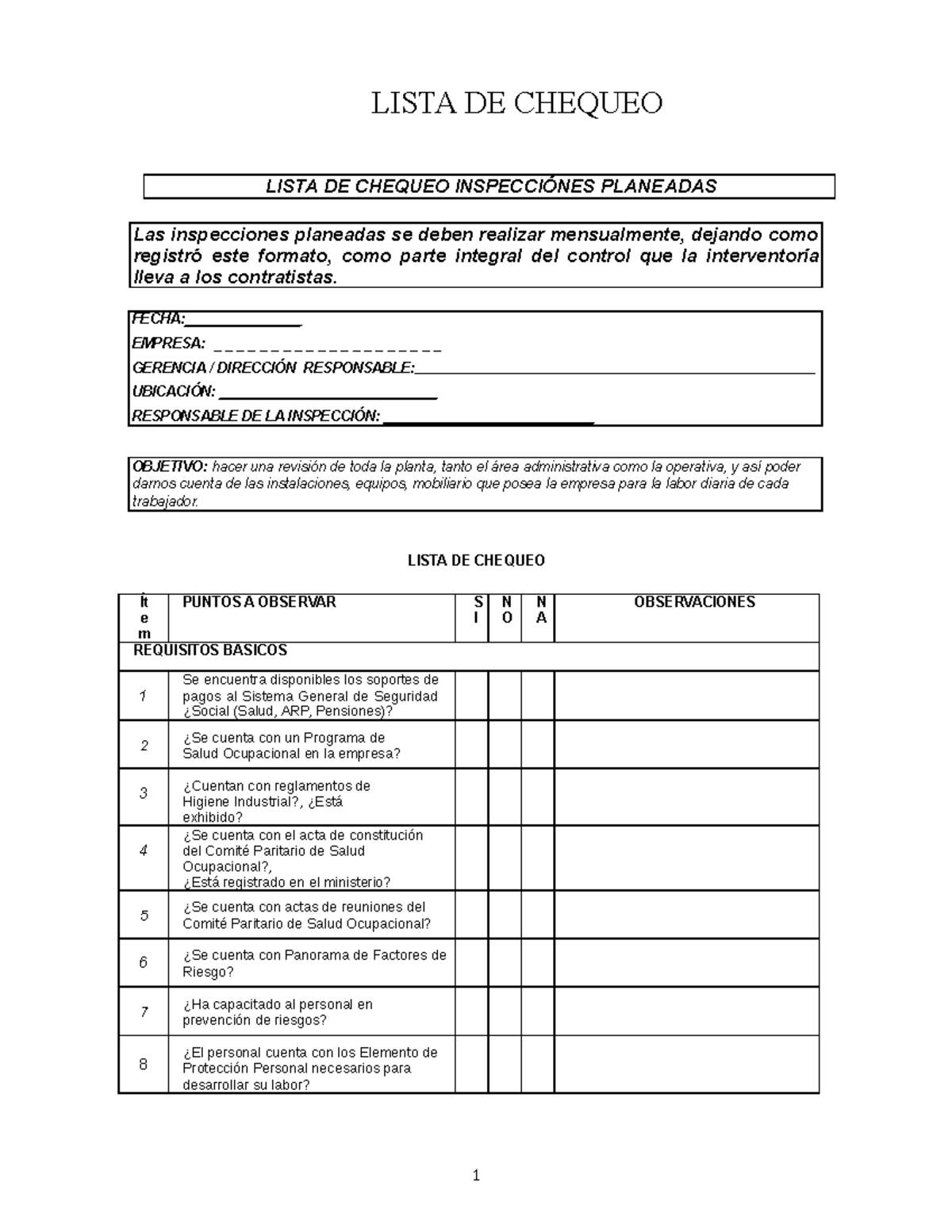 Lista de chequeo - LISTA DE CHEQUEO 1 LISTA DE CHEQUEO INSPECCIÓNES PLANEADAS LISTA DE CHEQUEO ...