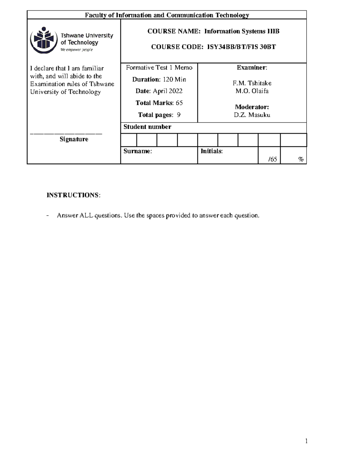 2022 S1 ISY34BT FA1 Memo - Faculty of Information and Communication Technology I declare that I ...
