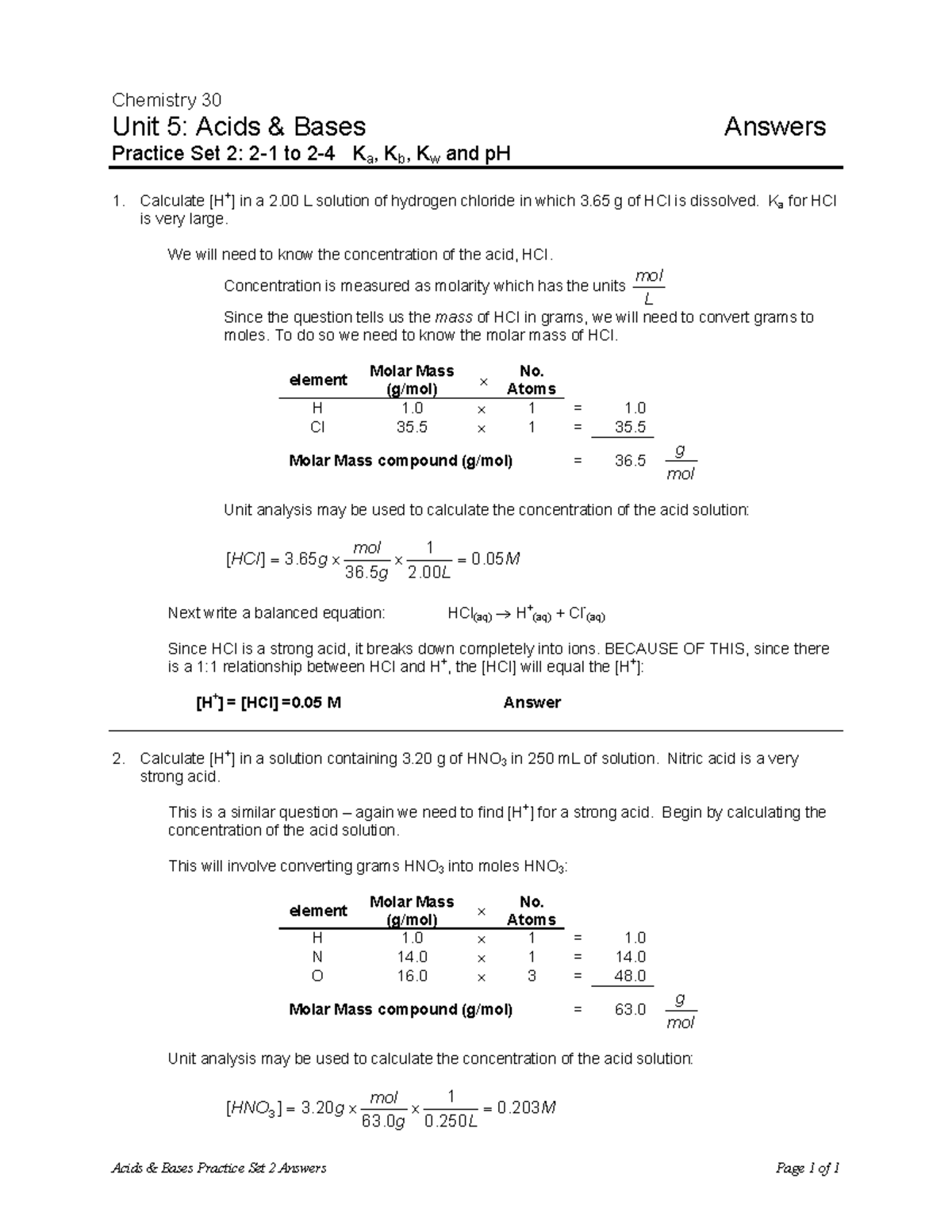 Prac2 answers - Chemistry - Chemistry 30 Unit 5: Acids & Bases Answers ...