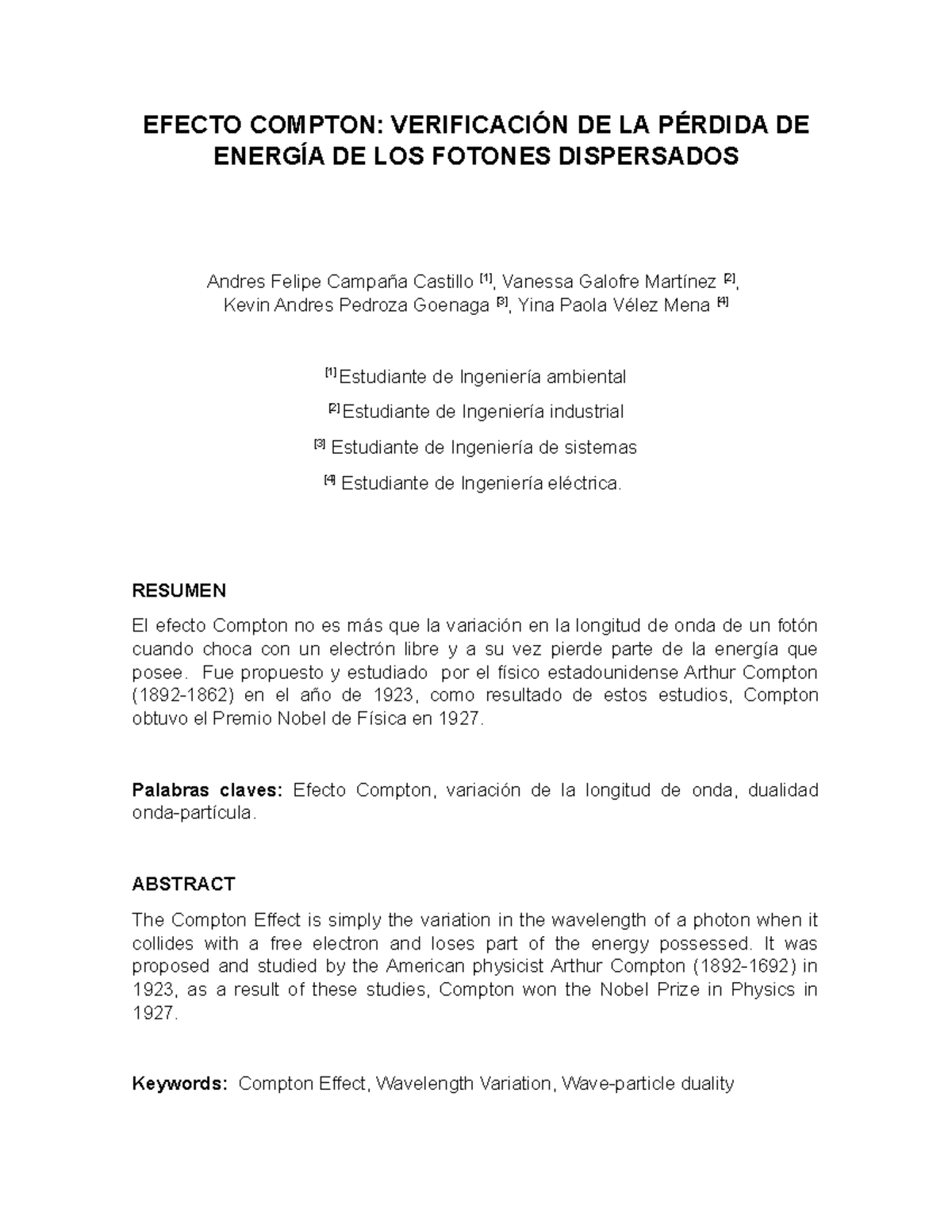 Informe 3 Fisica 3 - Efecto Compton - EFECTO COMPTON: VERIFICACIÓN DE LA PÉRDIDA DE ENERGÍA DE ...