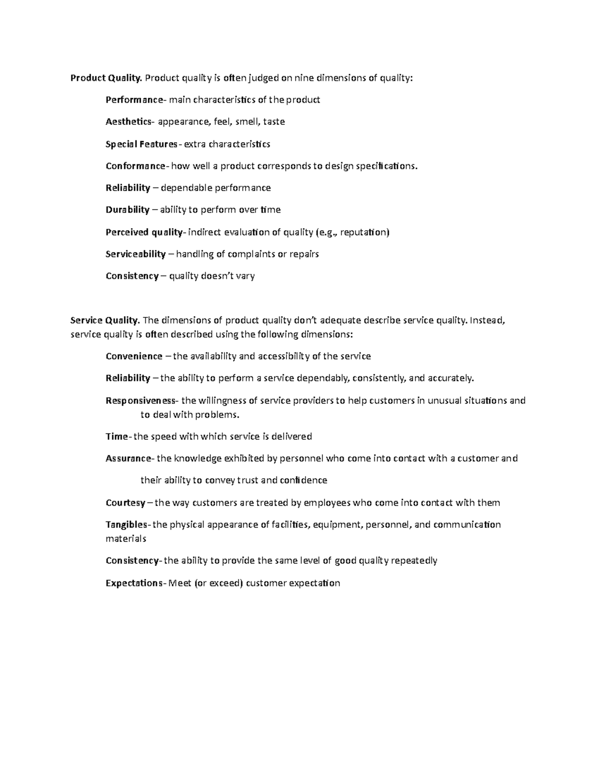 MGT - This notes will students gain more knowledge. - Product Quality ...