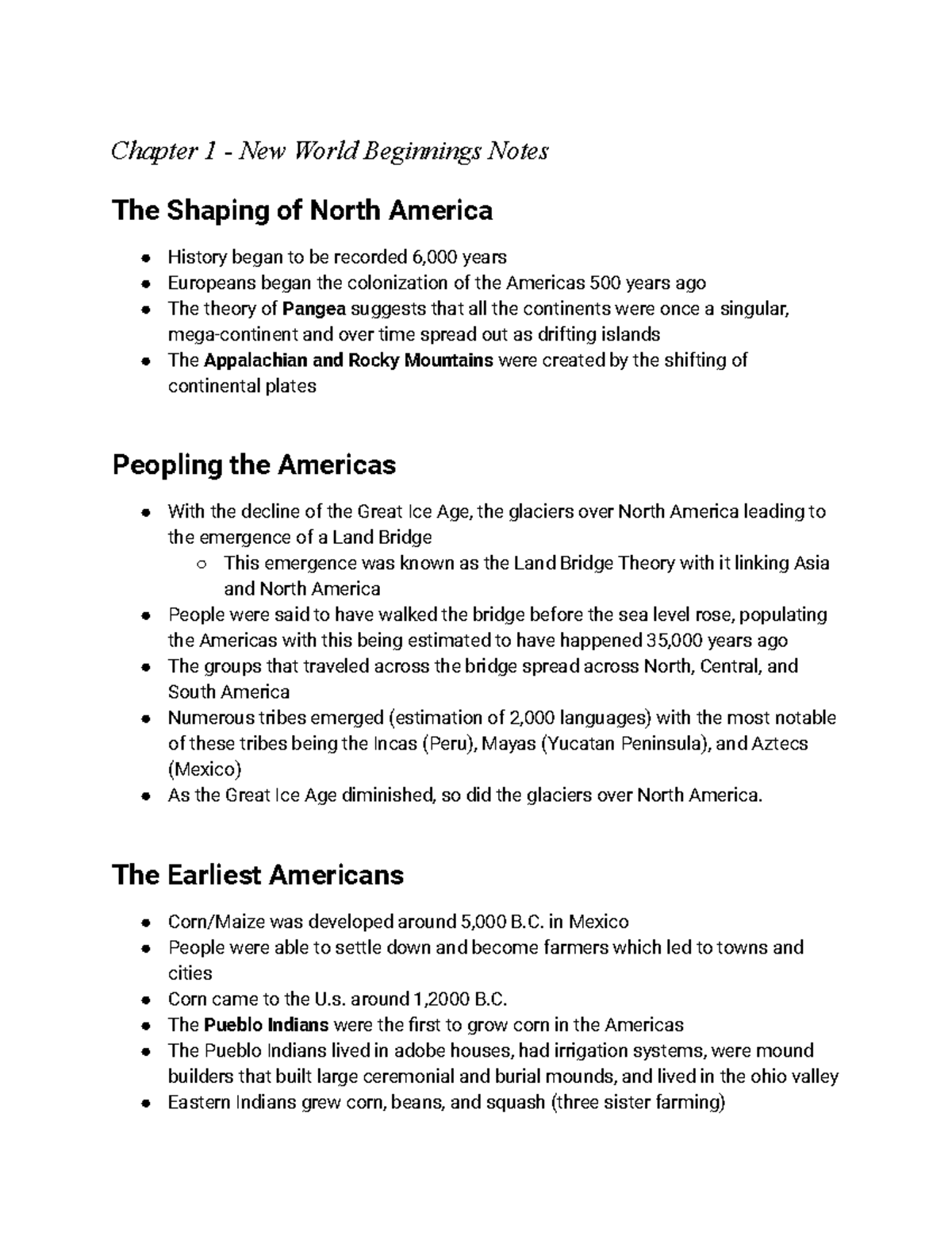Chapter 1 - New World Beginnings Notes - The Earliest Americans Corn ...