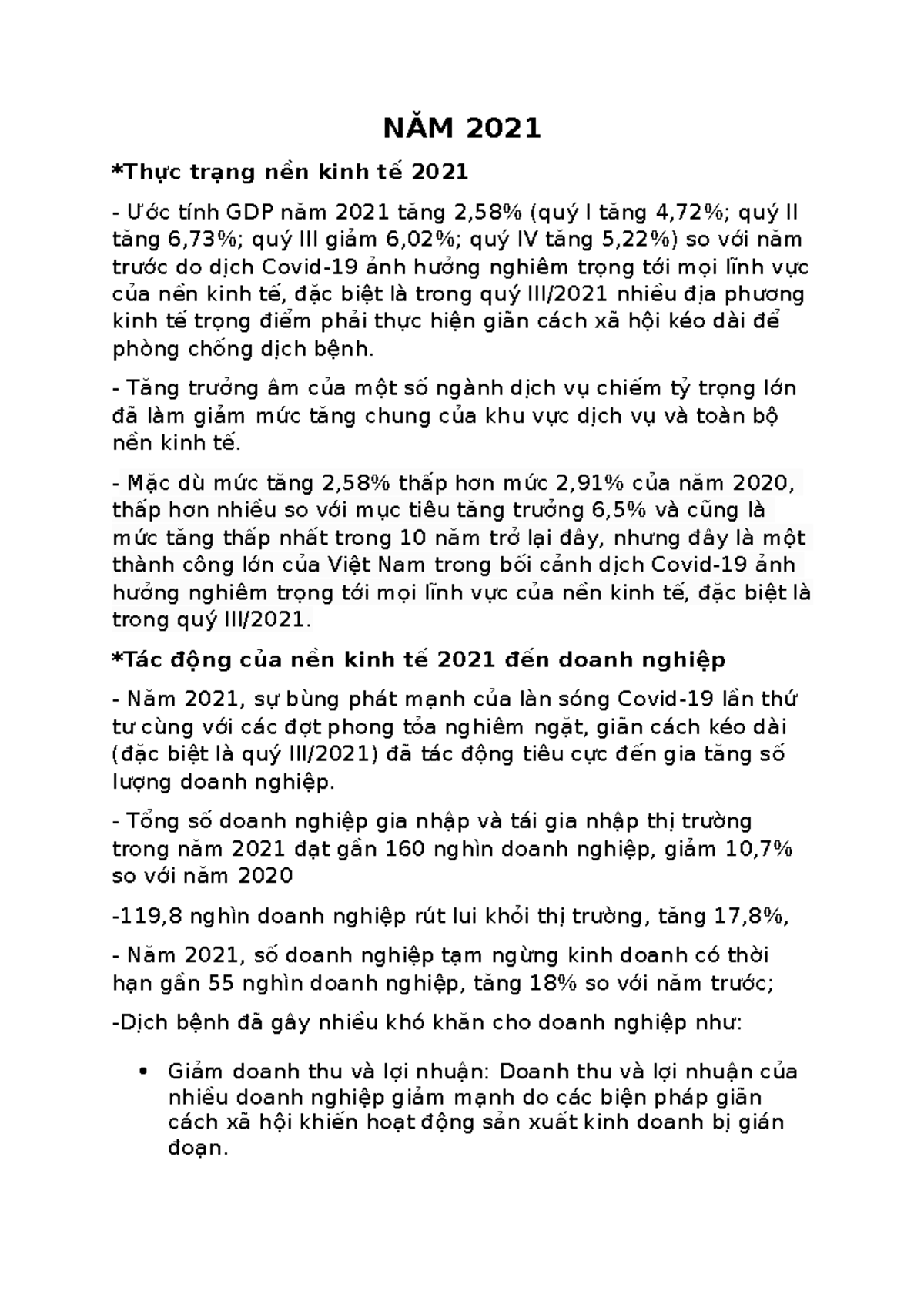 2021 - ptnd - NĂM 2021 *Thực trạng nền kinh tế 2021 Ước tính GDP năm ...