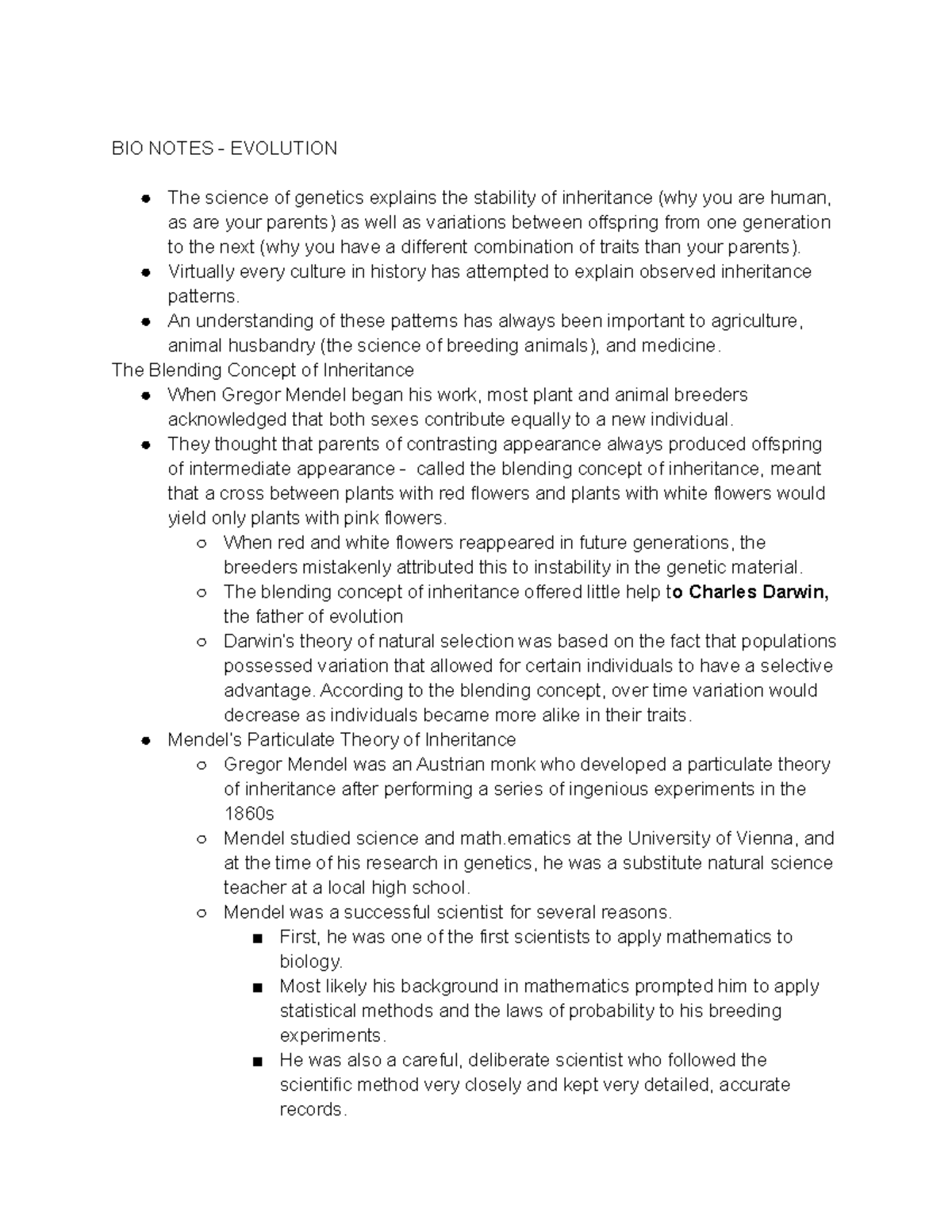 BIO Notes - Gregor Mendel and Evolution - BIO NOTES - EVOLUTION The ...