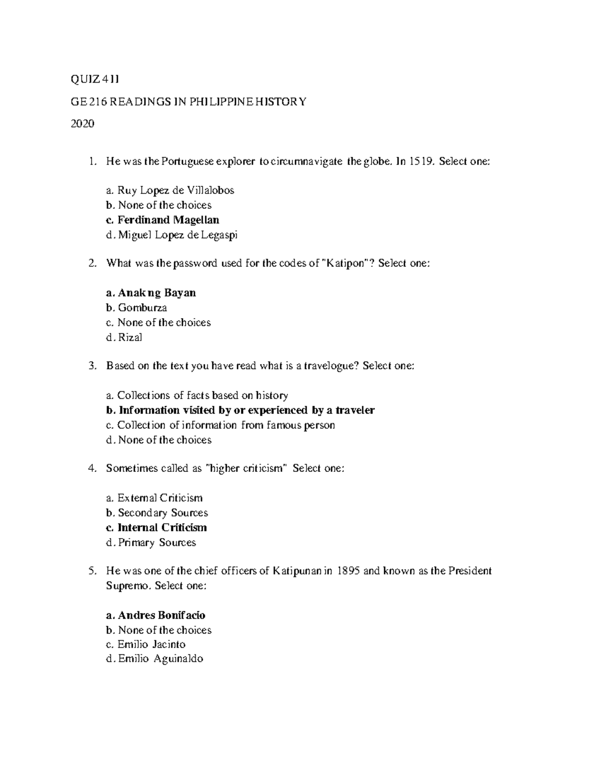 Readings In Philippine History Quiz 4 Part 2 QUIZ 4 II GE 216