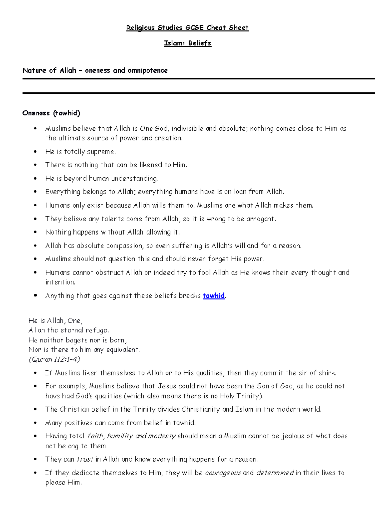 Islam beliefs cheat sheet - Religious Studies GCSE Cheat Sheet Islam ...