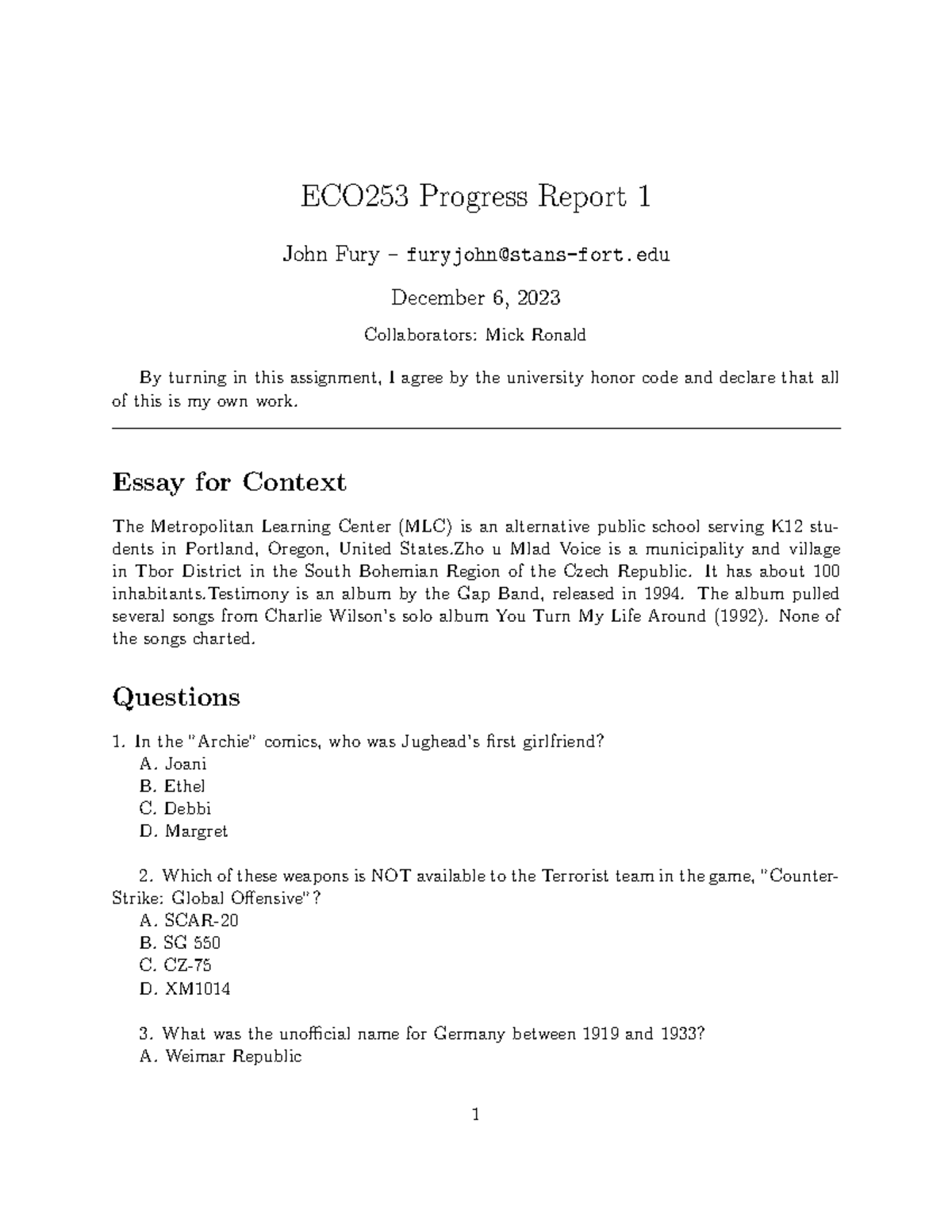 ECO253 Progress Report 1 - Essay for Context The Metropolitan Learning ...