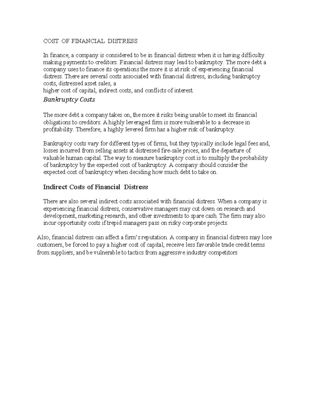 COST OF Financial Distress - COST OF FINANCIAL DISTRESS In finance, a ...