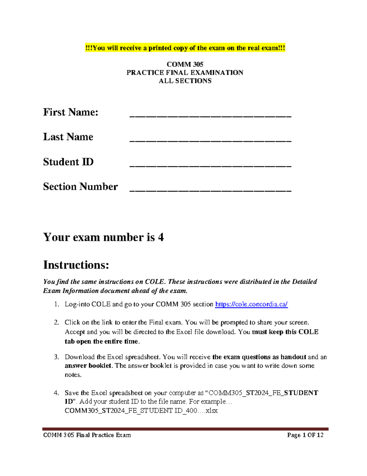 COMM305 Practice Final Exam final - !!!You will receive a printed copy ...