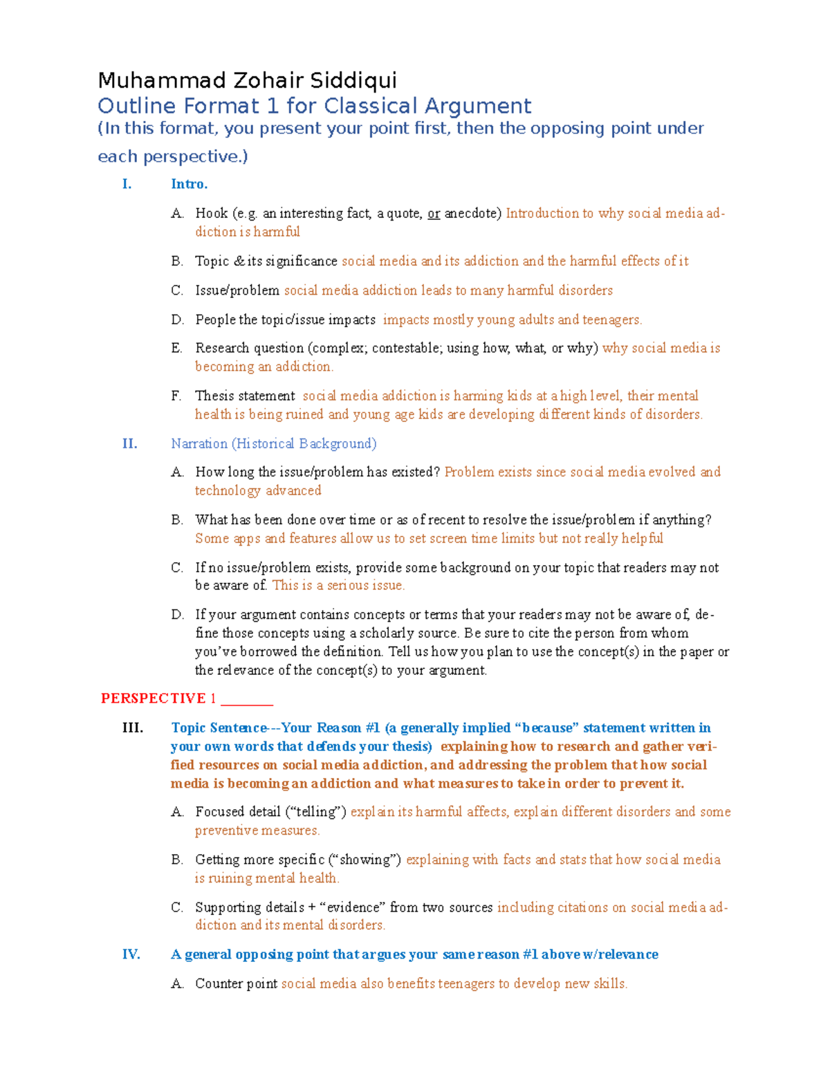 Final (Classical)Outline MZS - Muhammad Zohair Siddiqui Outline Format ...