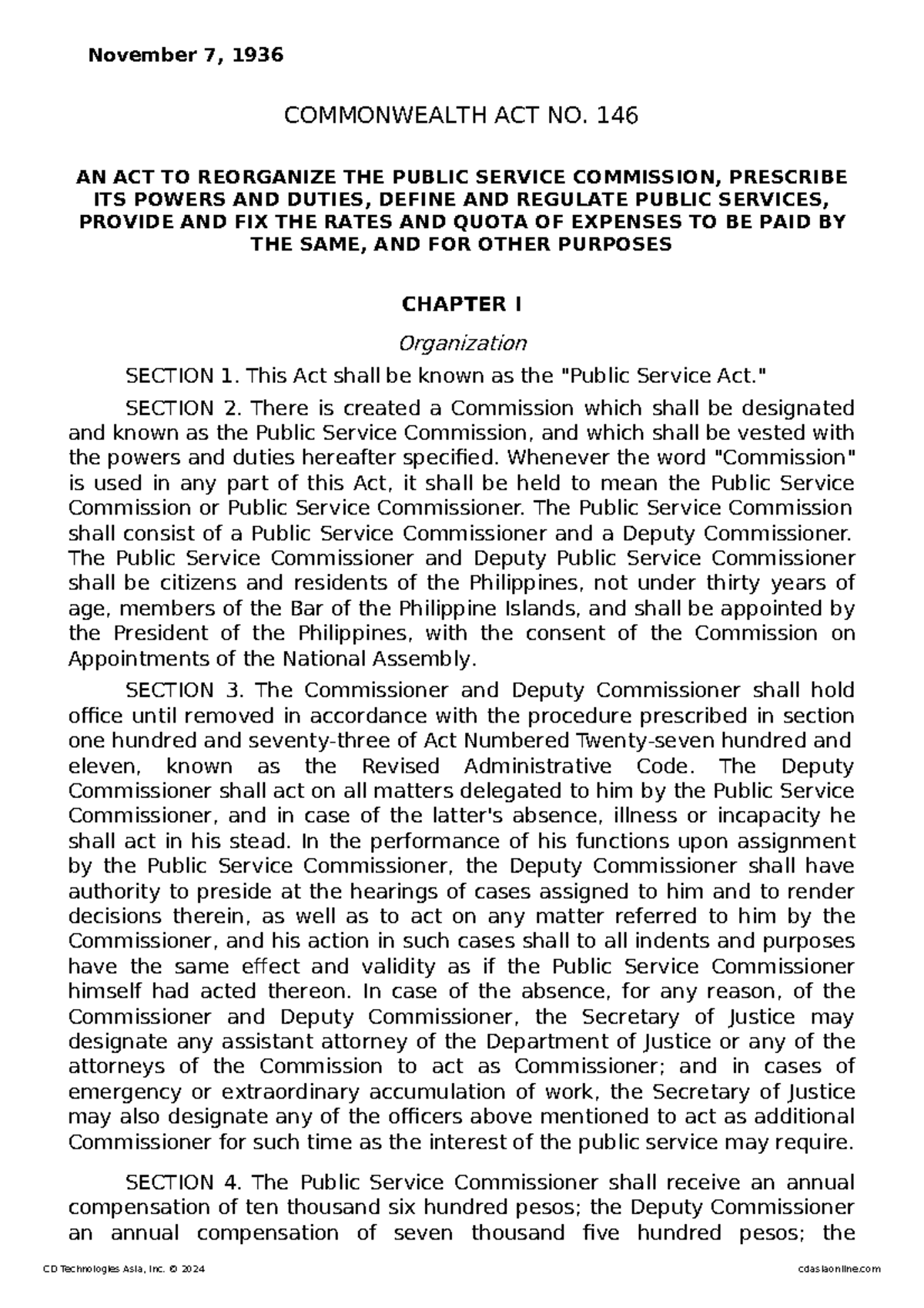 5. Public Service Act - November 7, 1936 COMMONWEALTH ACT NO. 146 AN ACT TO REORGANIZE THE ...