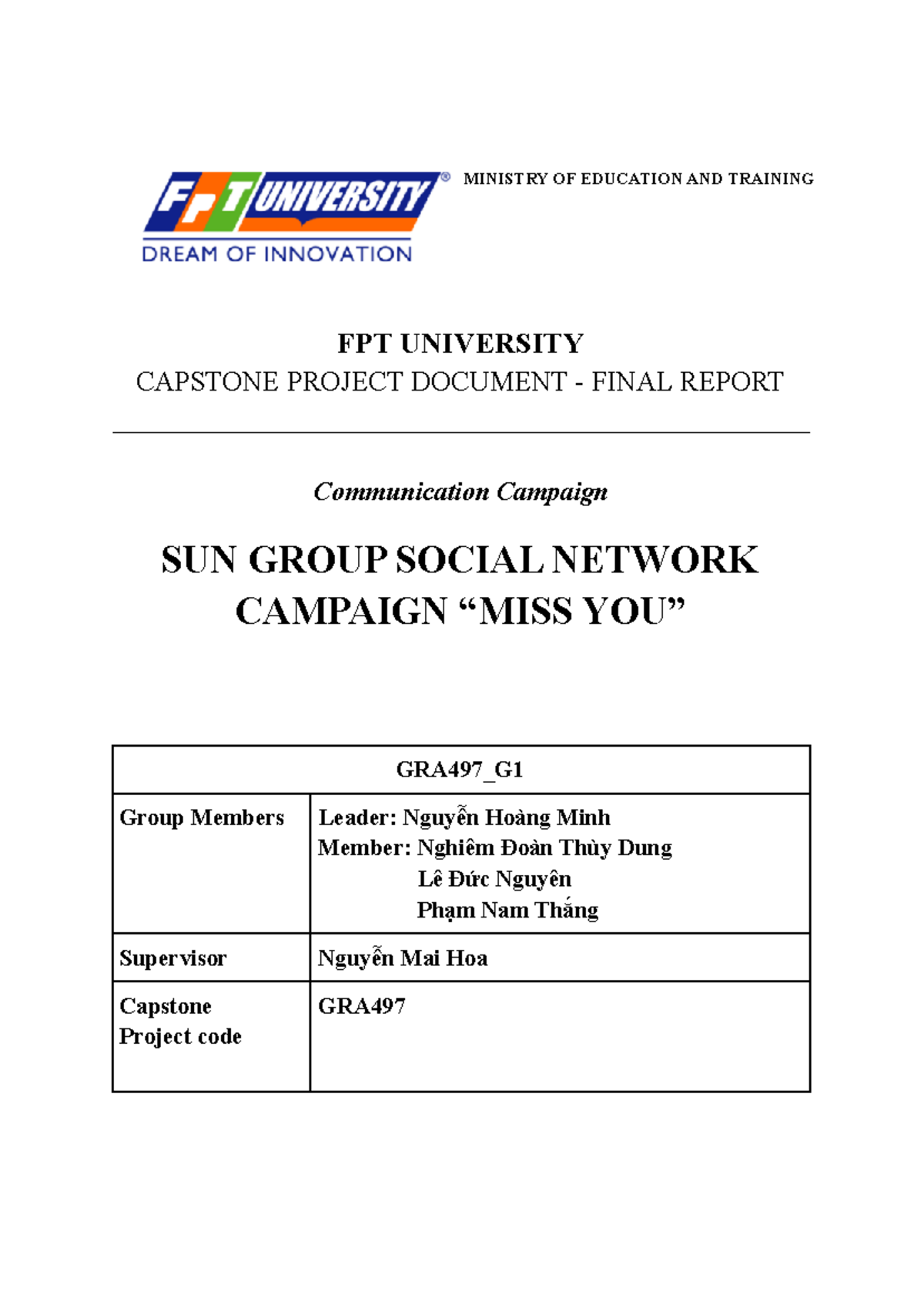 Final Report - MINISTRY OF EDUCATION AND TRAINING FPT UNIVERSITY ...