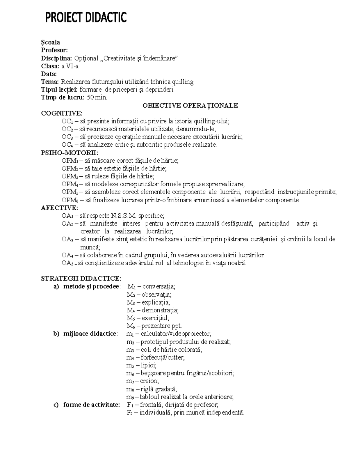 Proiect de lectie optional - Şcoala Profesor: Disciplina: Opţional ...