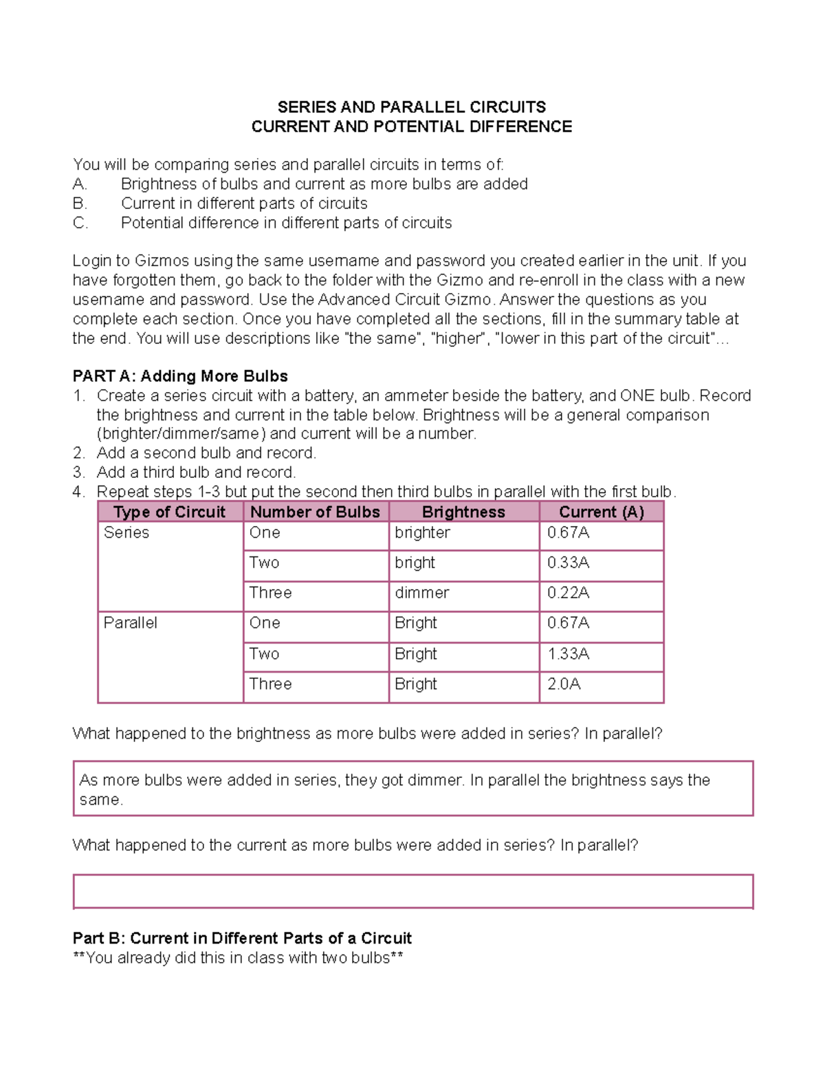 Science practice circuits advanced - SERIES AND PARALLEL CIRCUITS ...