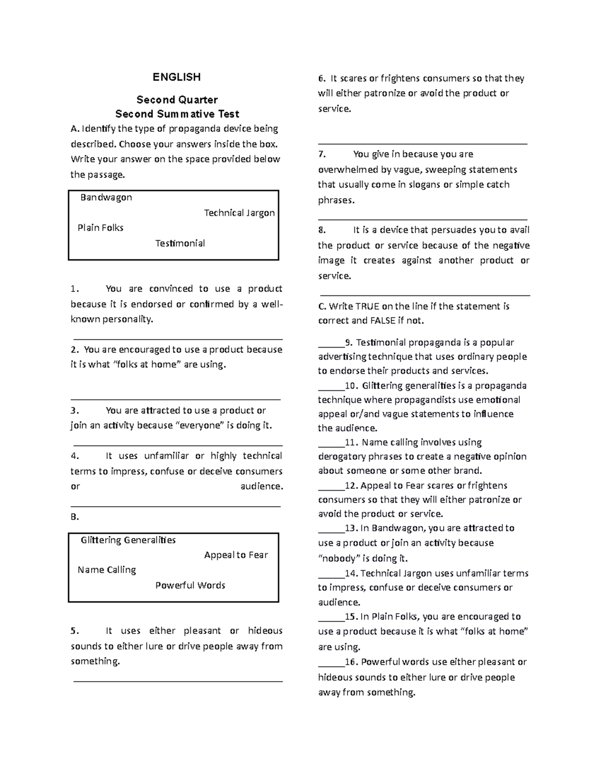 English Quarter 2 Second Summative Test - ENGLISH Second Quarter Second ...
