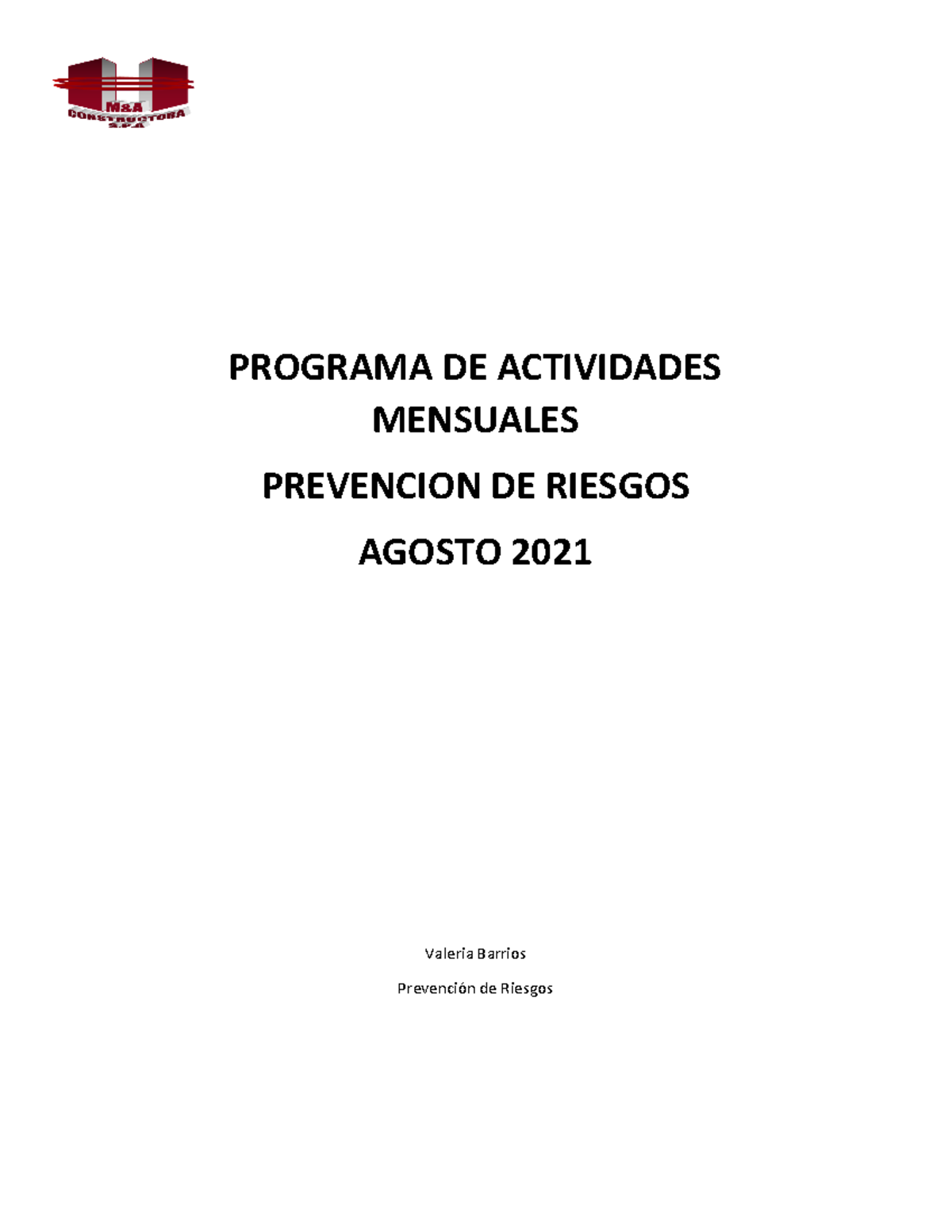 Programa DE Actividades Mensuales - PROGRAMA DE ACTIVIDADES MENSUALES PREVENCION DE RIESGOS ...