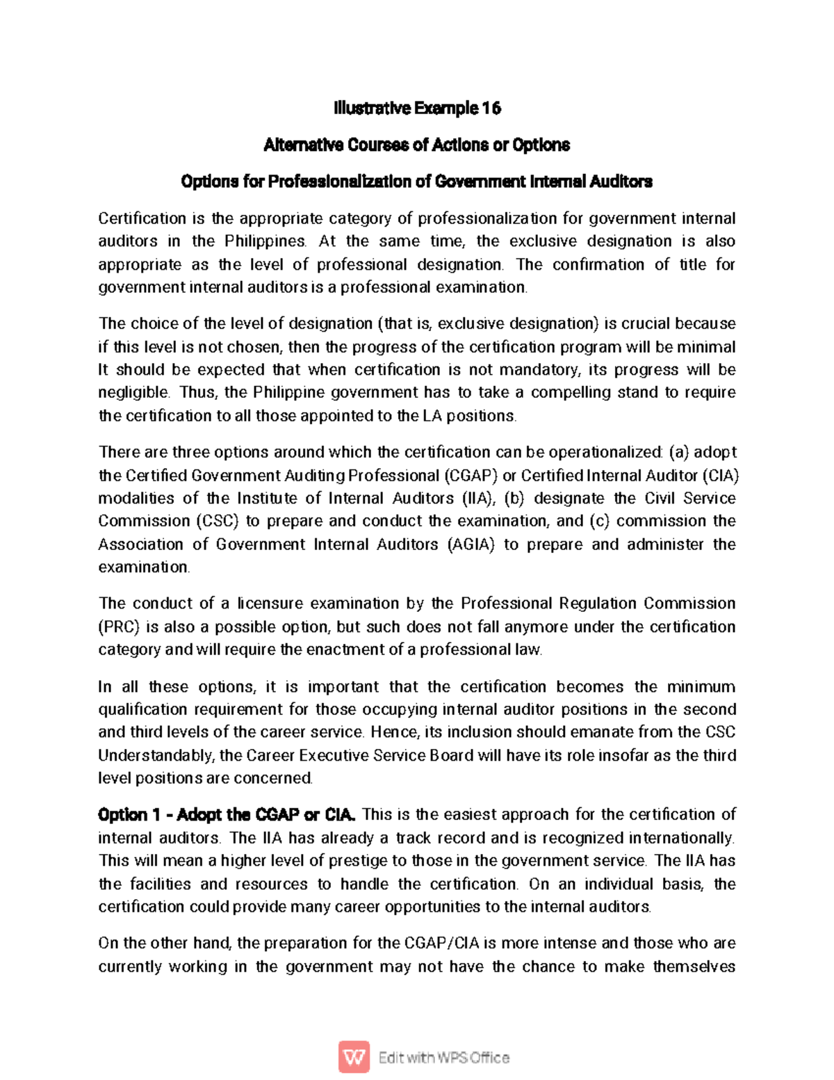 Illustrative Example 16 Alternative Courses of Actions or Options - At ...