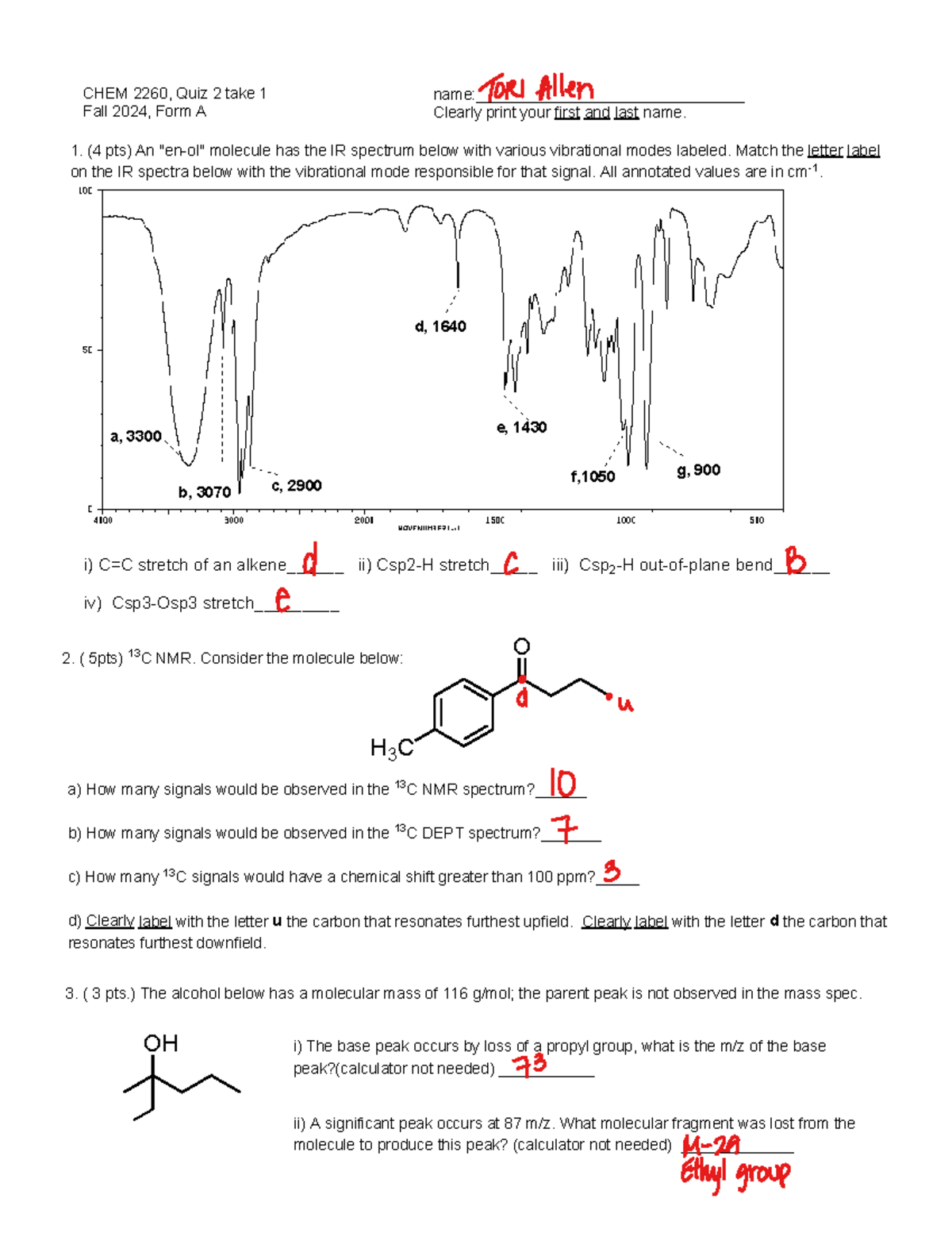 Quiz 2 - chem2260 quiz 2 - CHEM 2260, Quiz 2 take 1 Fall 2024, Form A ...