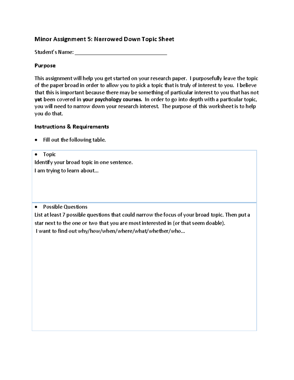 Minor #5 Narrowed Down Topic Sheet - Minor Assignment 5: Narrowed Down ...