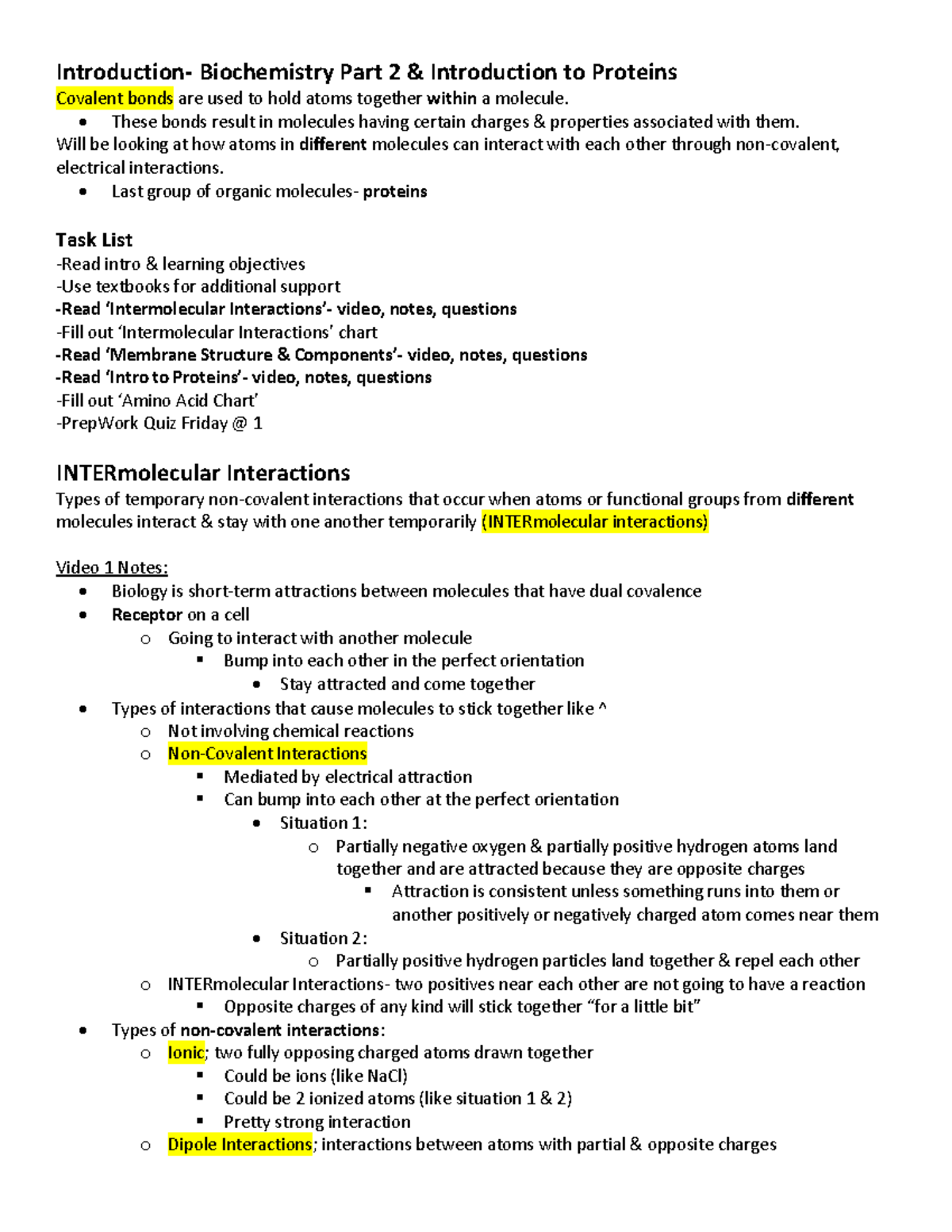Module 5 Notes- Biochemistry and Intro to Proteins - Introduction ...
