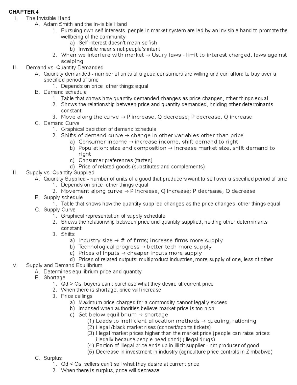 Exam 1 Study Guide - CHAPTER 4 I. The Invisible Hand A. Adam Smith and ...