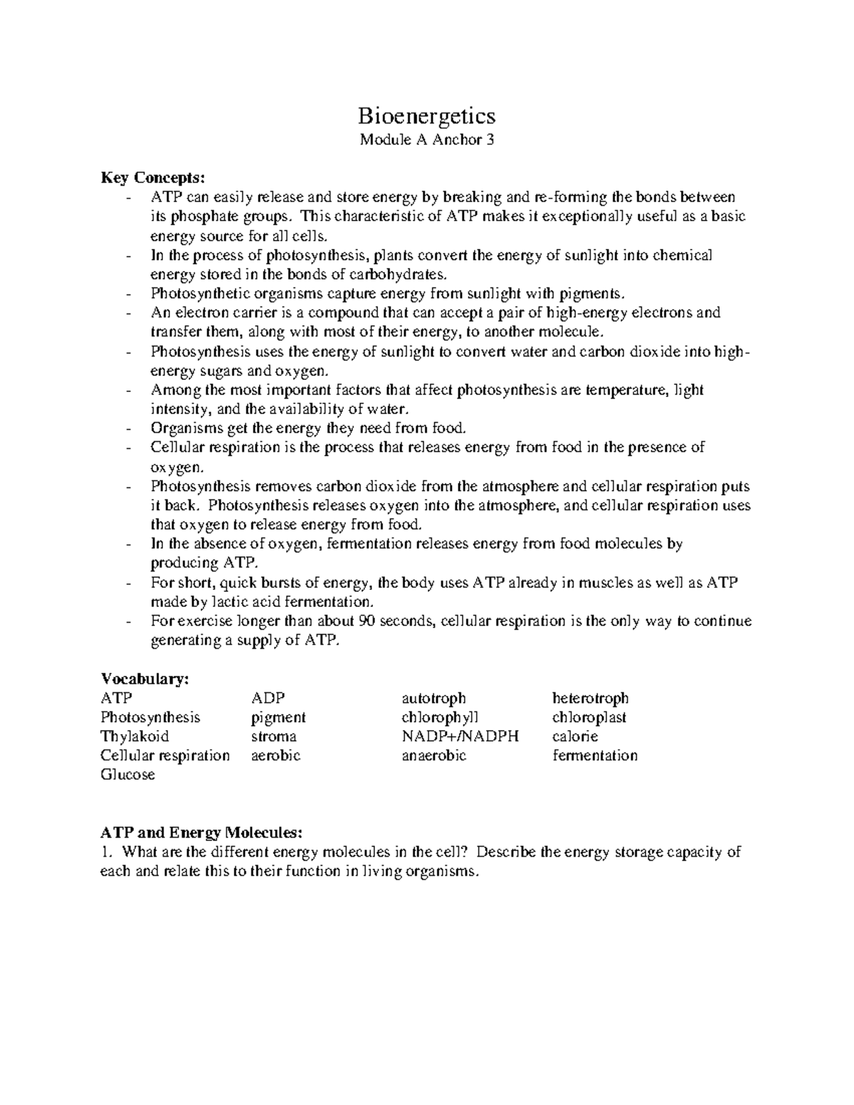 BIO Mod1 Bioenergetics - Bioenergetics Module A Anchor 3 Key Concepts ...