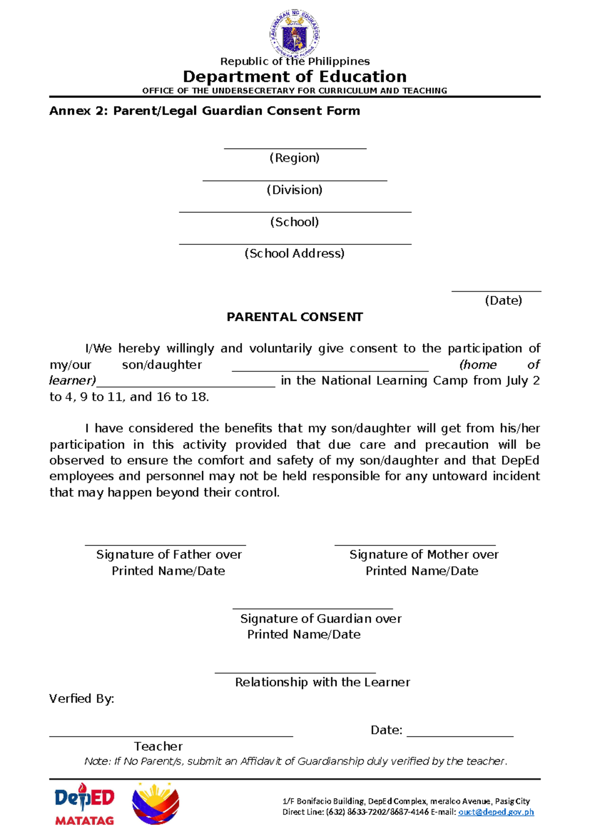 Parental consent - 1/F Bonifacio Building, DepEd Complex, meralco ...