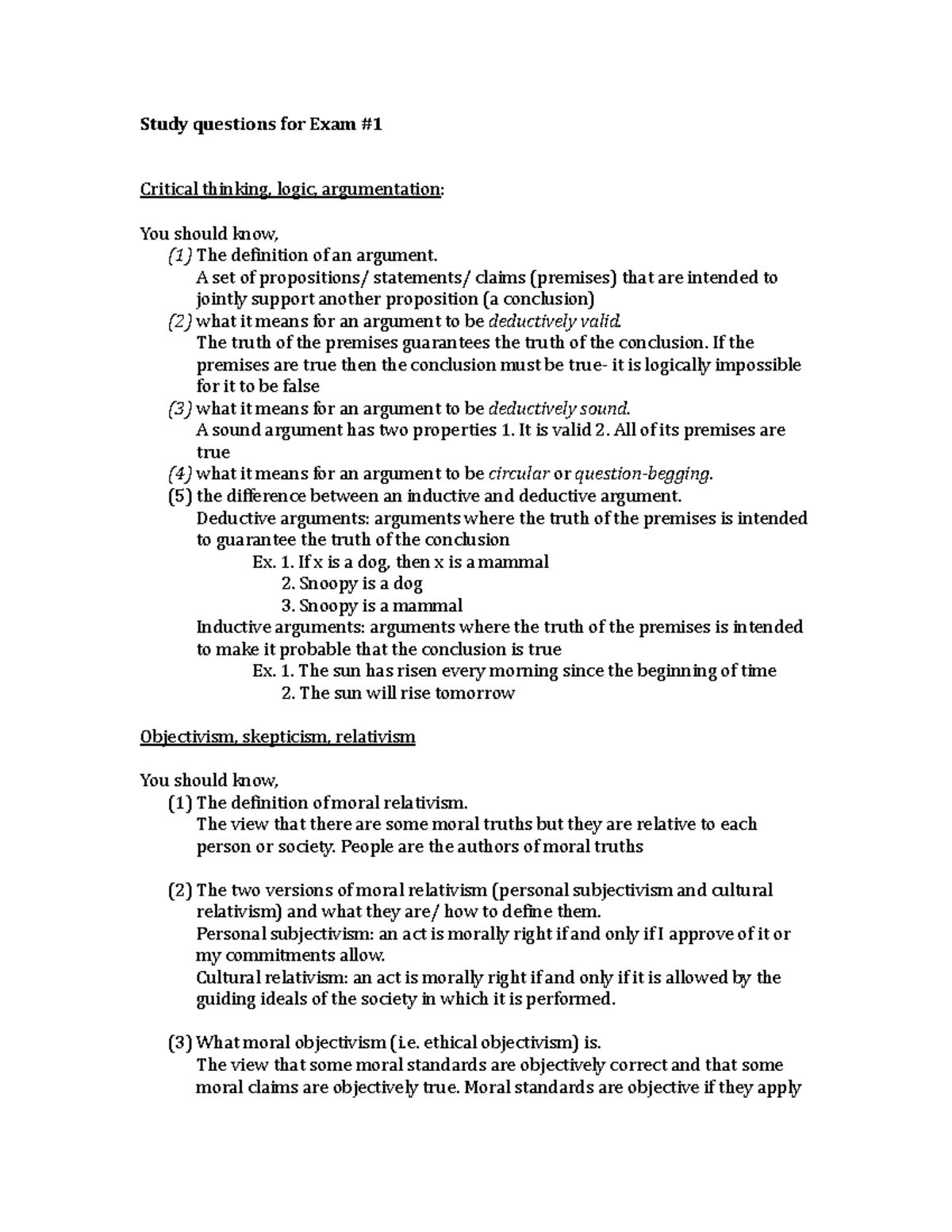 PHL 292 Exam 1 Study Guide Study Questions For Exam Critical