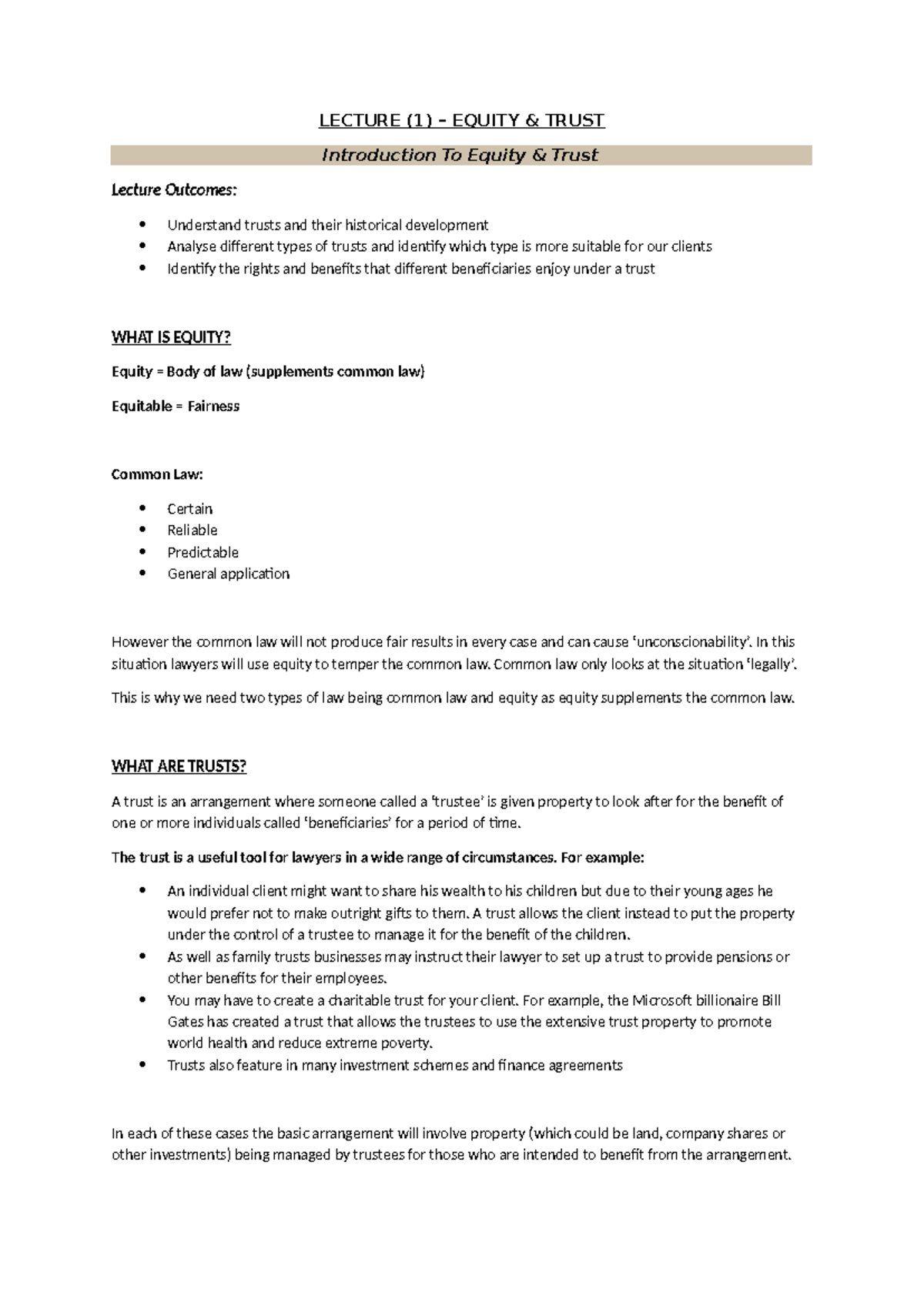 Lecture Large Group 1 Notes Lecture 1 Equity And Trust Introduction To Equity And Trust