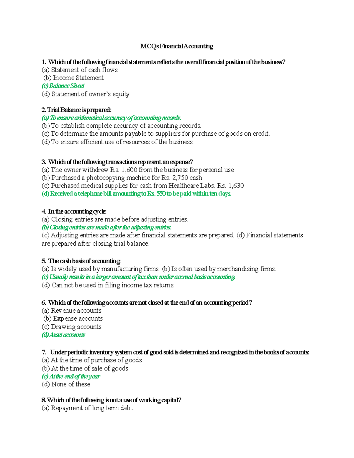 Mcqs Financial Accounting 043952 - MCQs Financial Accounting Which of ...