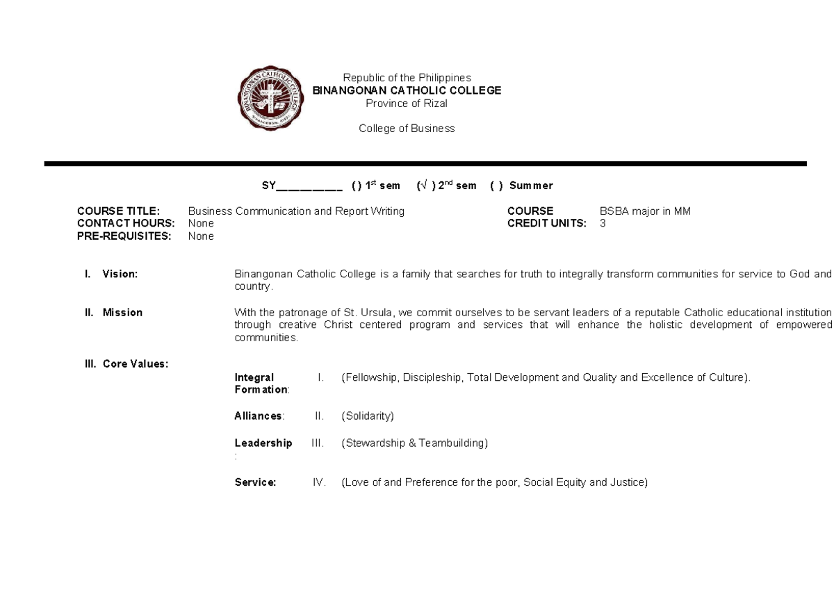 Syllabus-Business Writing - Republic of the Philippines BINANGONAN ...