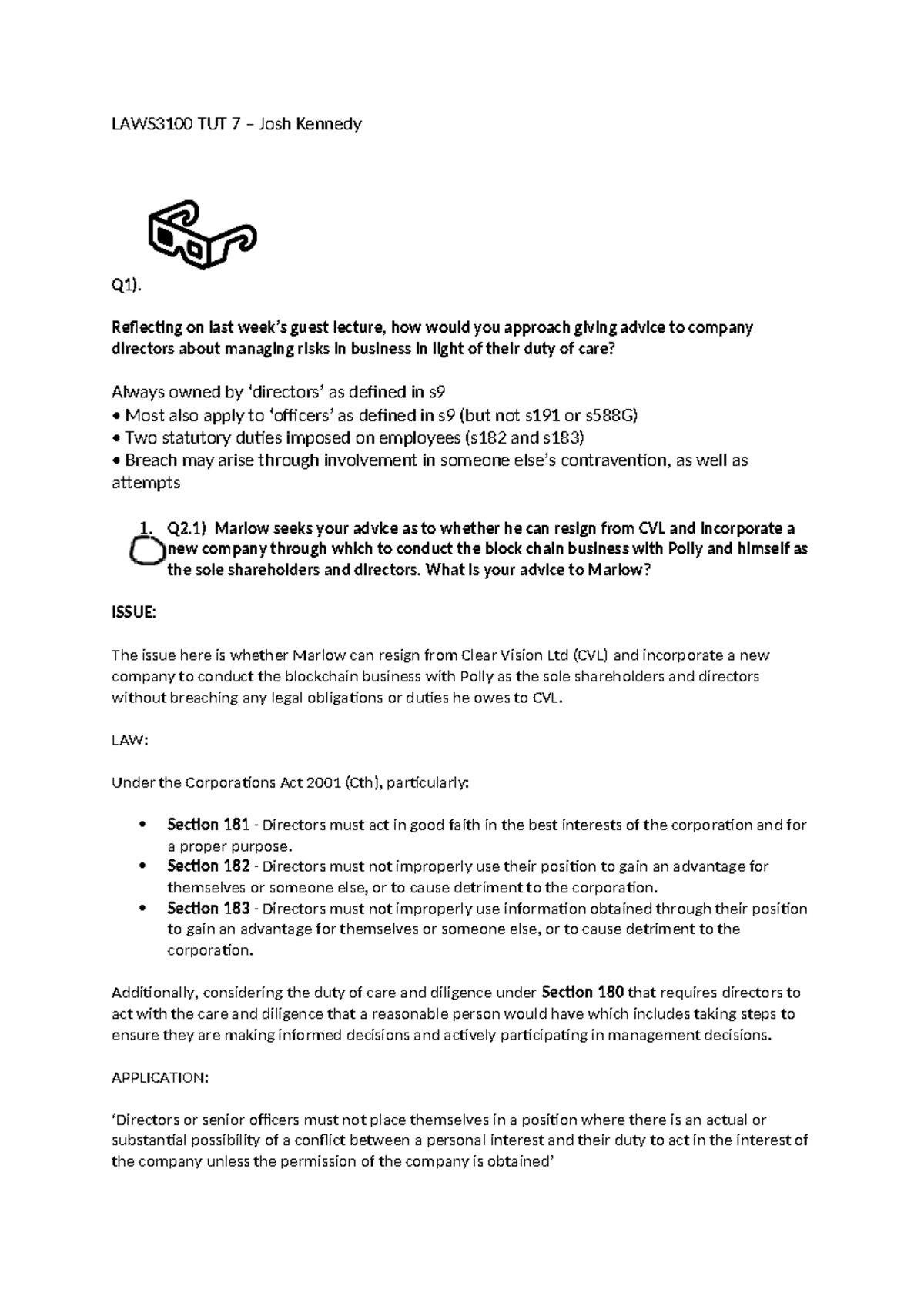 LAWS3100 TUT 7 - tut7 - LAWS3100 TUT 7 – Josh Kennedy Q1). Reflecting on last week’s guest ...