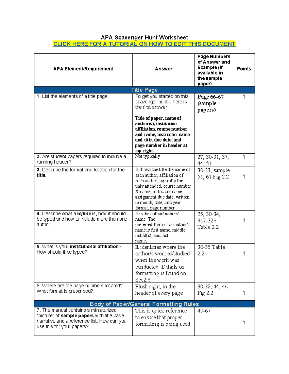 Scavenger HUNT Worksheet - APA Scavenger Hunt Worksheet CLICK HERE FOR ...