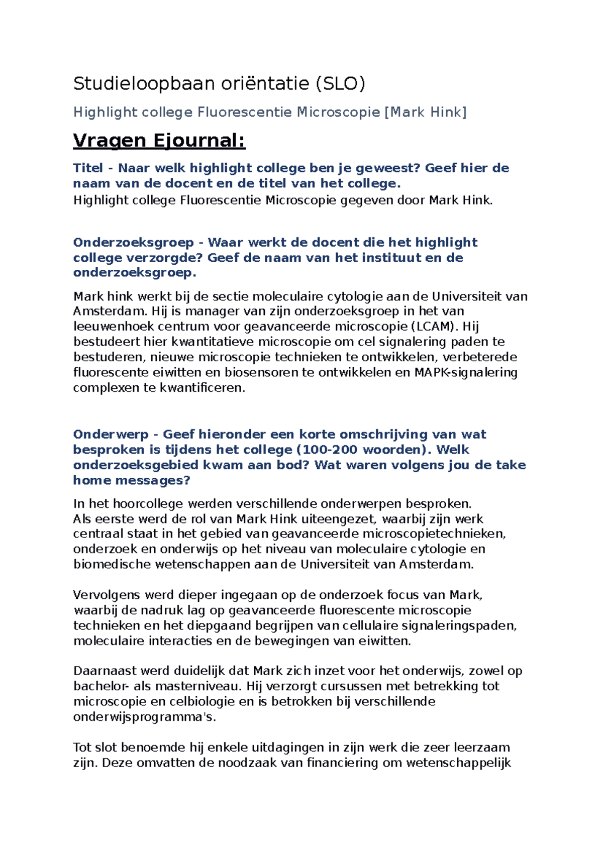 Mark Hink highlight college - Studieloopbaan oriëntatie (SLO) Highlight ...