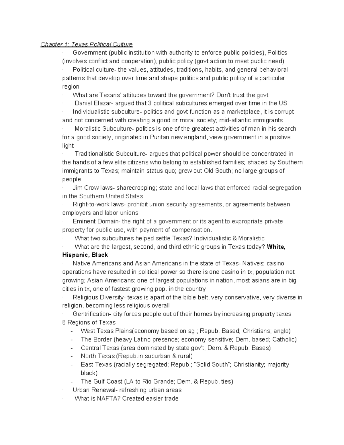 Test 1 Tx Govt Study Guide - Chapter 1: Texas Political Culture ...