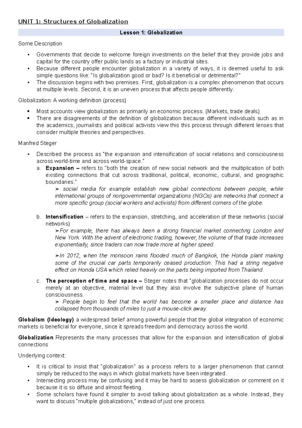 Lecture Notes Contemporary World - Copy - UNIT 1: Structures of ...