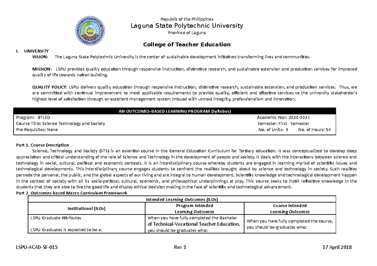 Syllabus - yul - Republic of the Philippines Laguna State Polytechnic ...